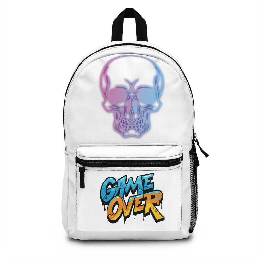 Gaming Backpack, Game Over Skull on White Pack, for School or Fun. Bag ...