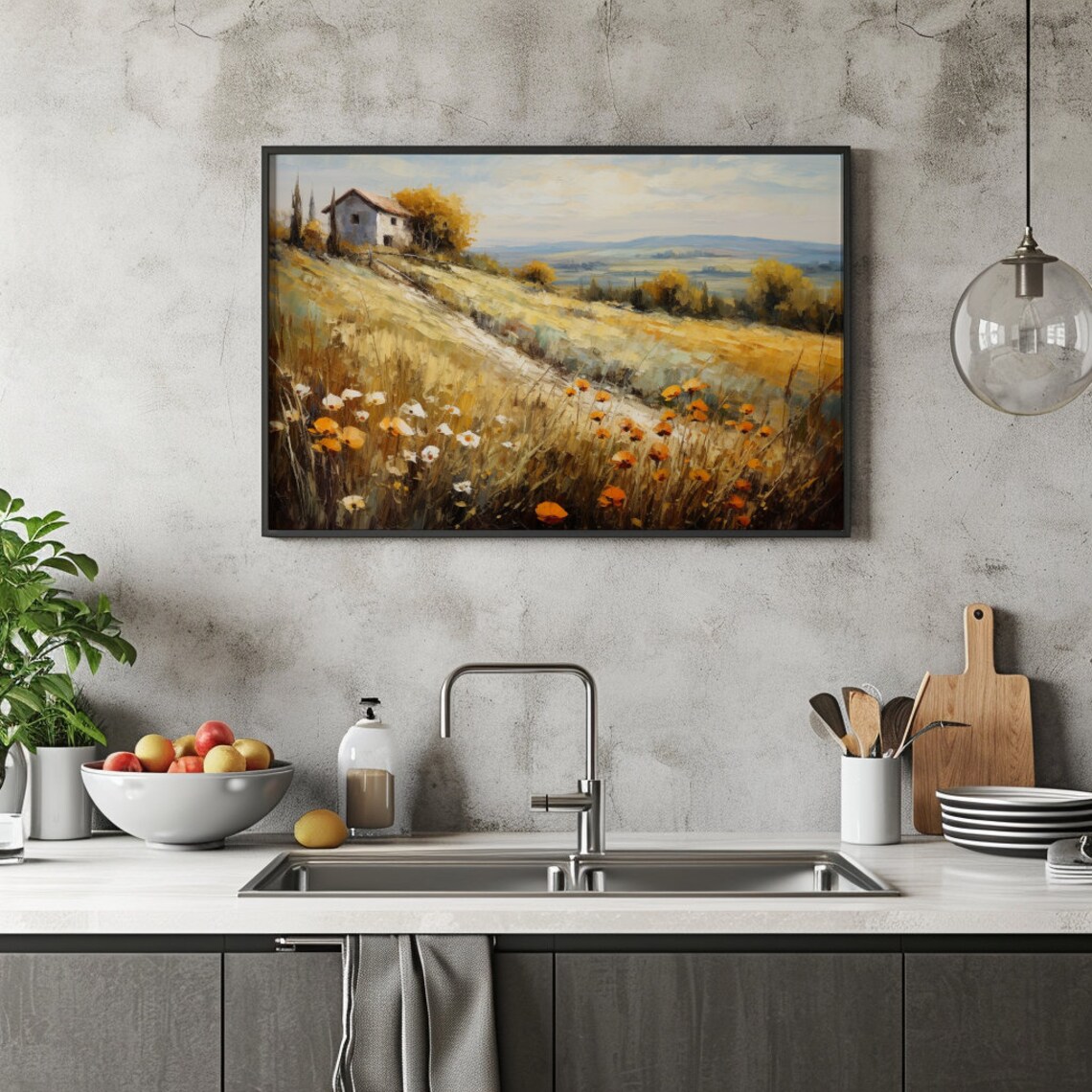 French Cottage Print Vintage Landscape Rustic Scenery Relaxing Tones ...