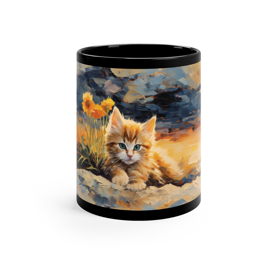 Van Gogh Beach Kitten Nap 11oz Black Mug, Cat, Napping, Vincent Van ...
