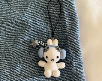 Black Headphone Miffy With Bows Phone Keychain Charm Handmade Polymer Clay Charm - Etsy
