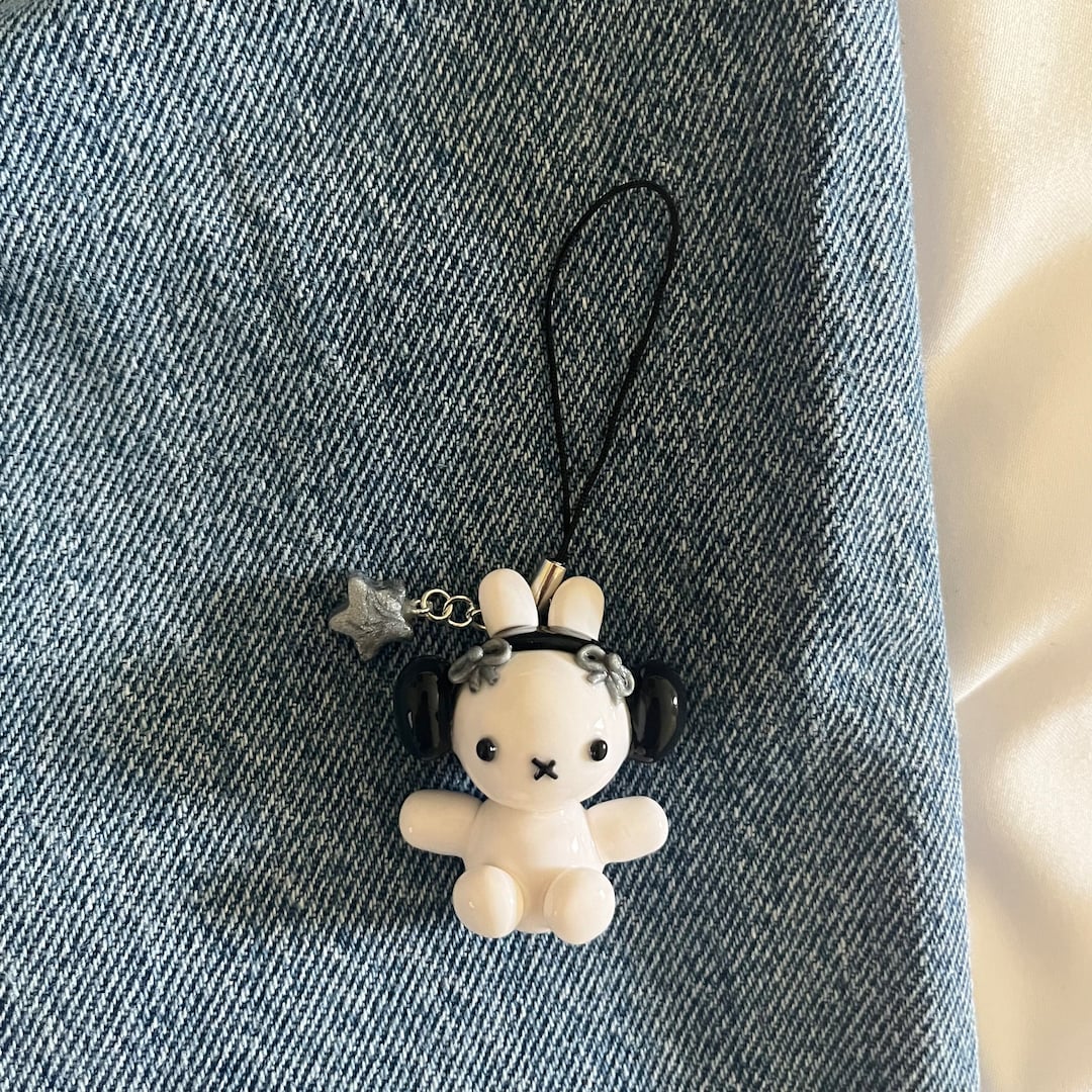Black Headphone Miffy With Bows Phone Keychain Charm Handmade Polymer Clay Charm - Etsy