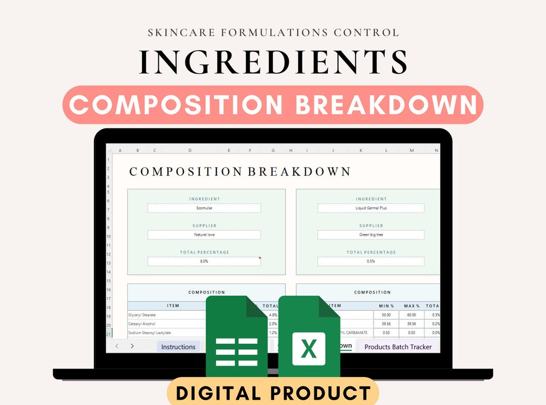 Skincare Formulation Excel Sheet: Ingredient Breakdown (digital ...