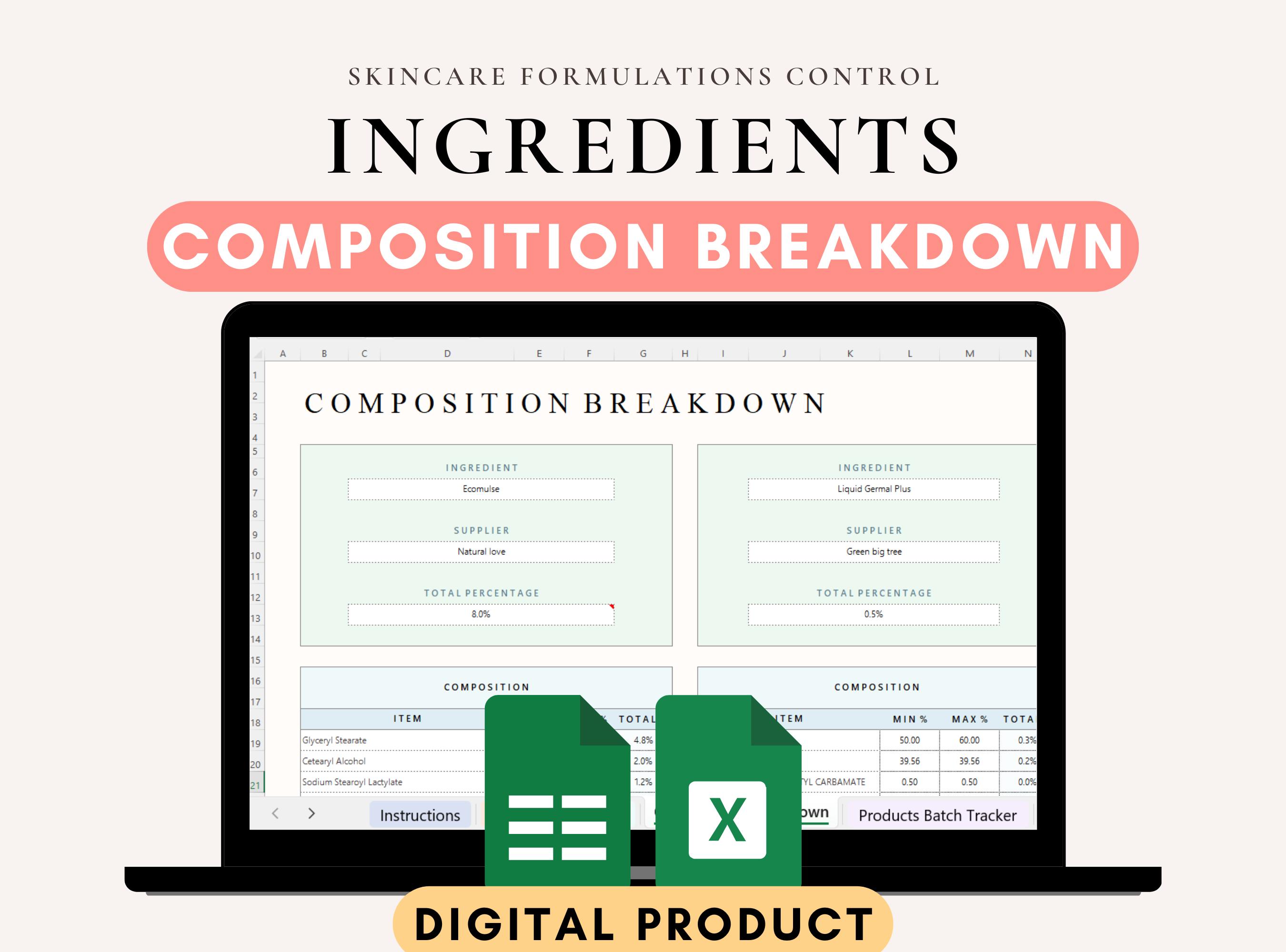 Skincare Formulation Excel Sheet: Ingredient Breakdown (digital ...