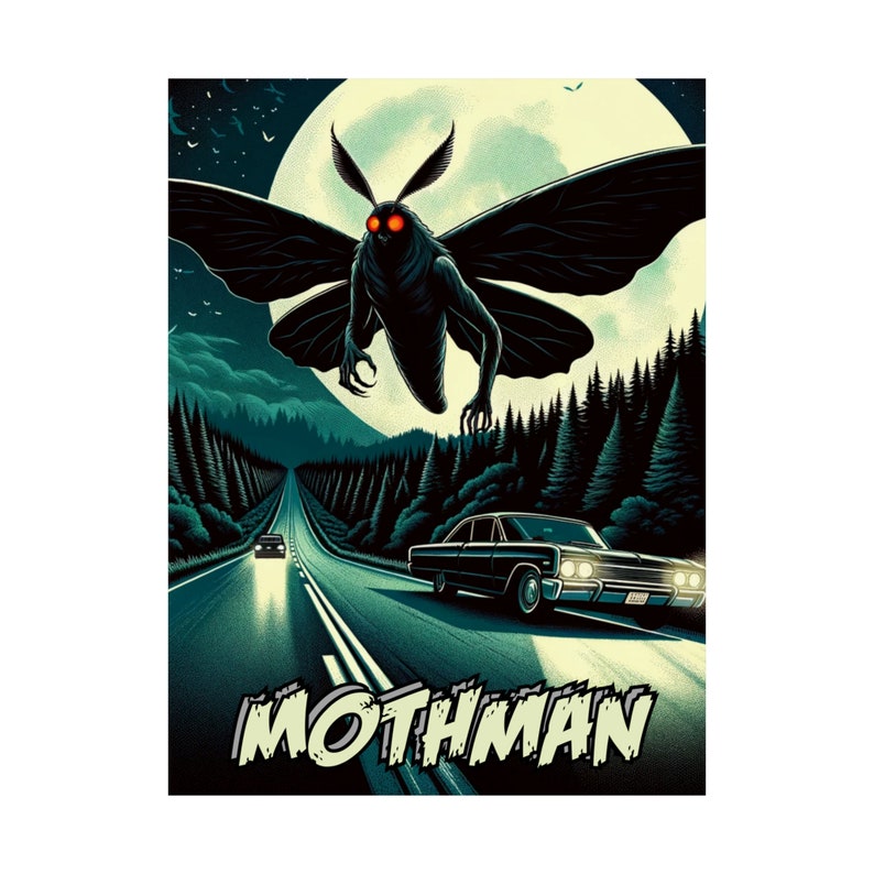 Mothman Encounter Poster Retro Cryptozoology Art, Legend of Point Pleasant Decor, Creepy ...
