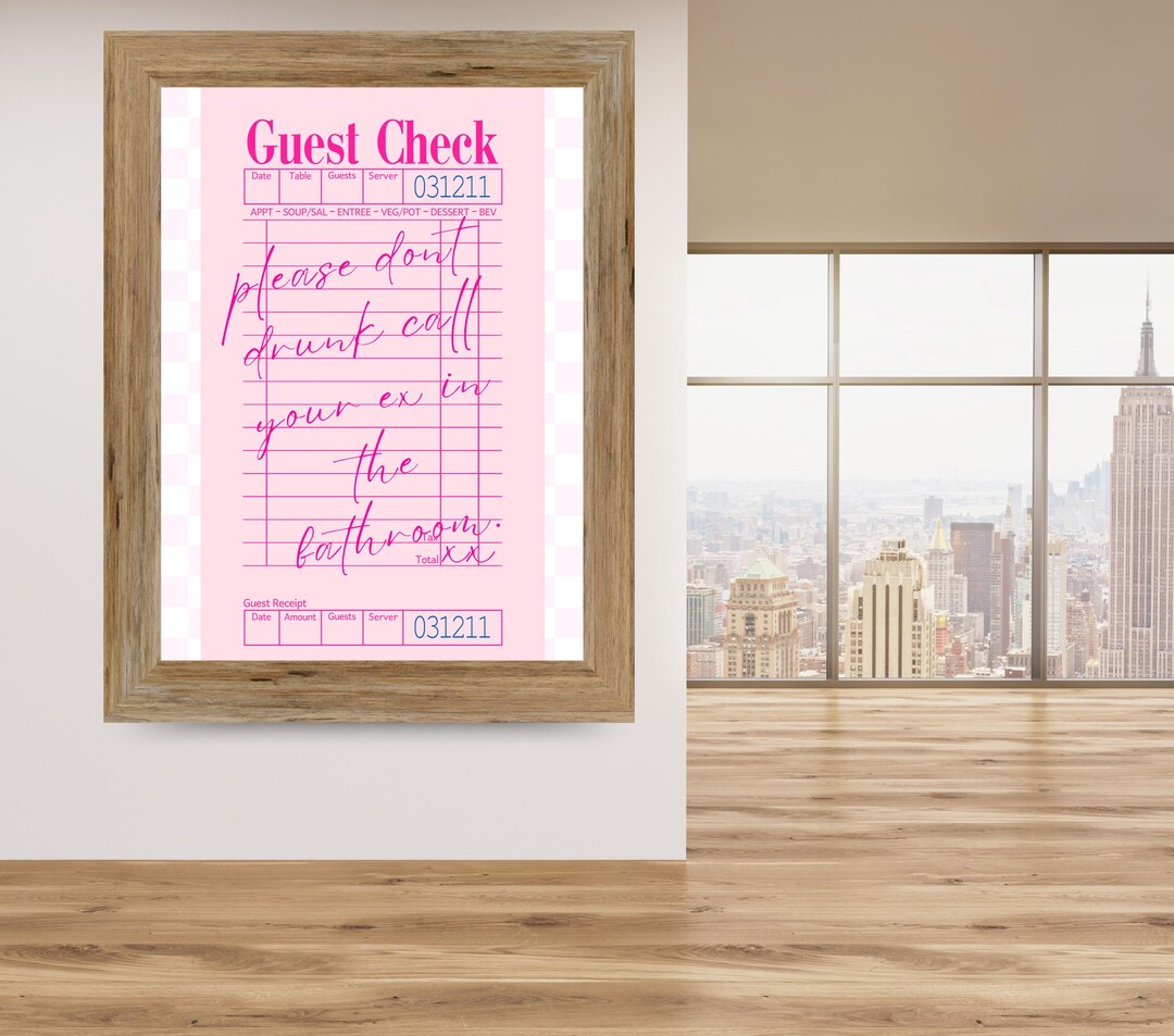Pink Guest Check Poster, Bar Wall Art, Sassy Bathroom Decor, Retro ...