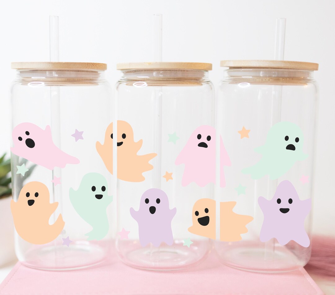 Cute Pastel Ghost Star Collage Cup Halloween Graphic Design Glass Can ...