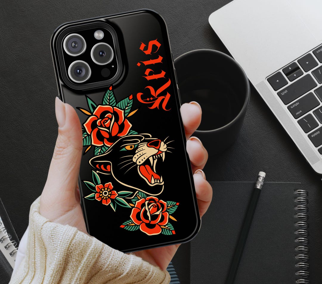 Custom Name Panther Phone Case, Retro Tattoo Style, Personalized Floral ...