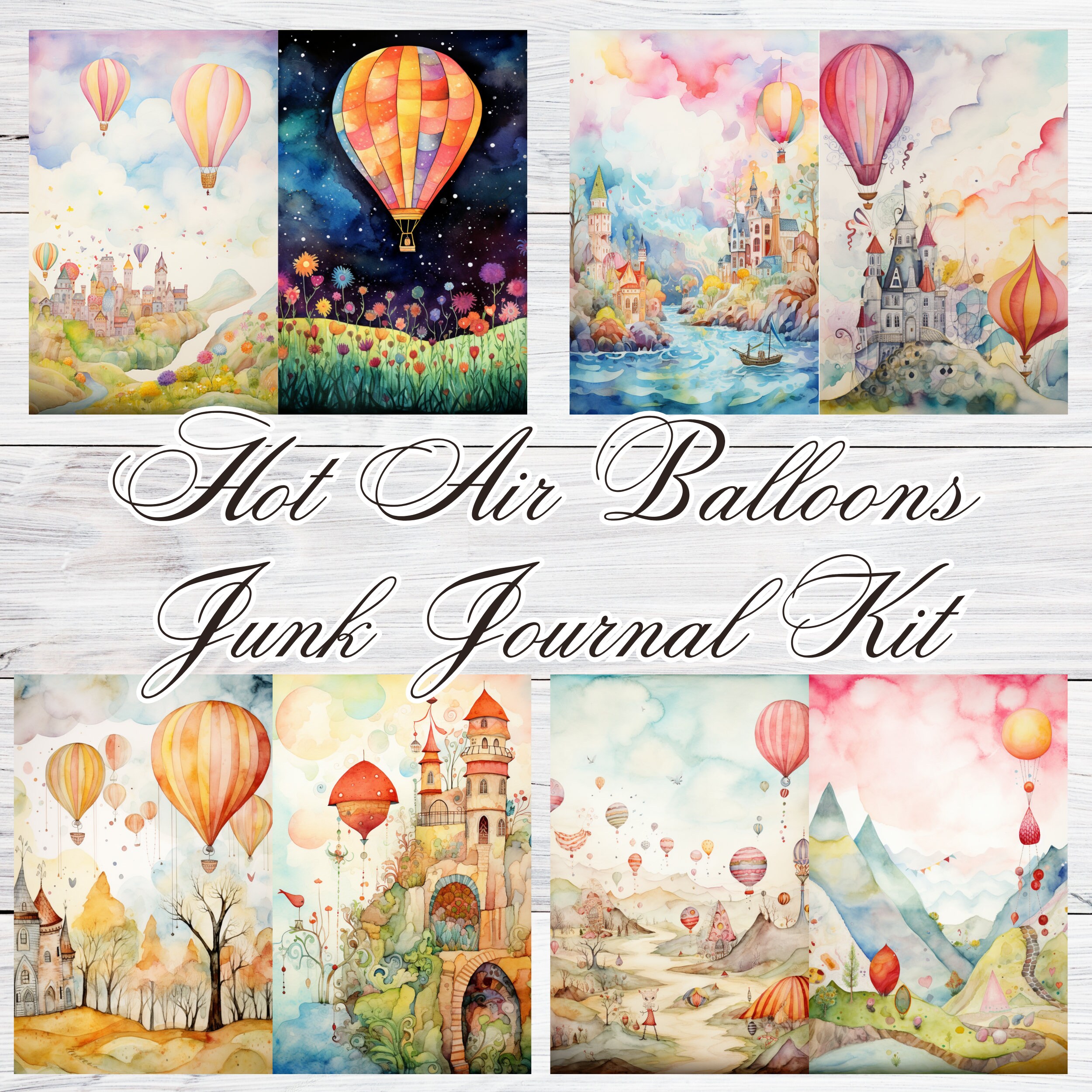 Junk Journal Kit Hot Air Balloons Colorful Watercolor Scrapbook ...
