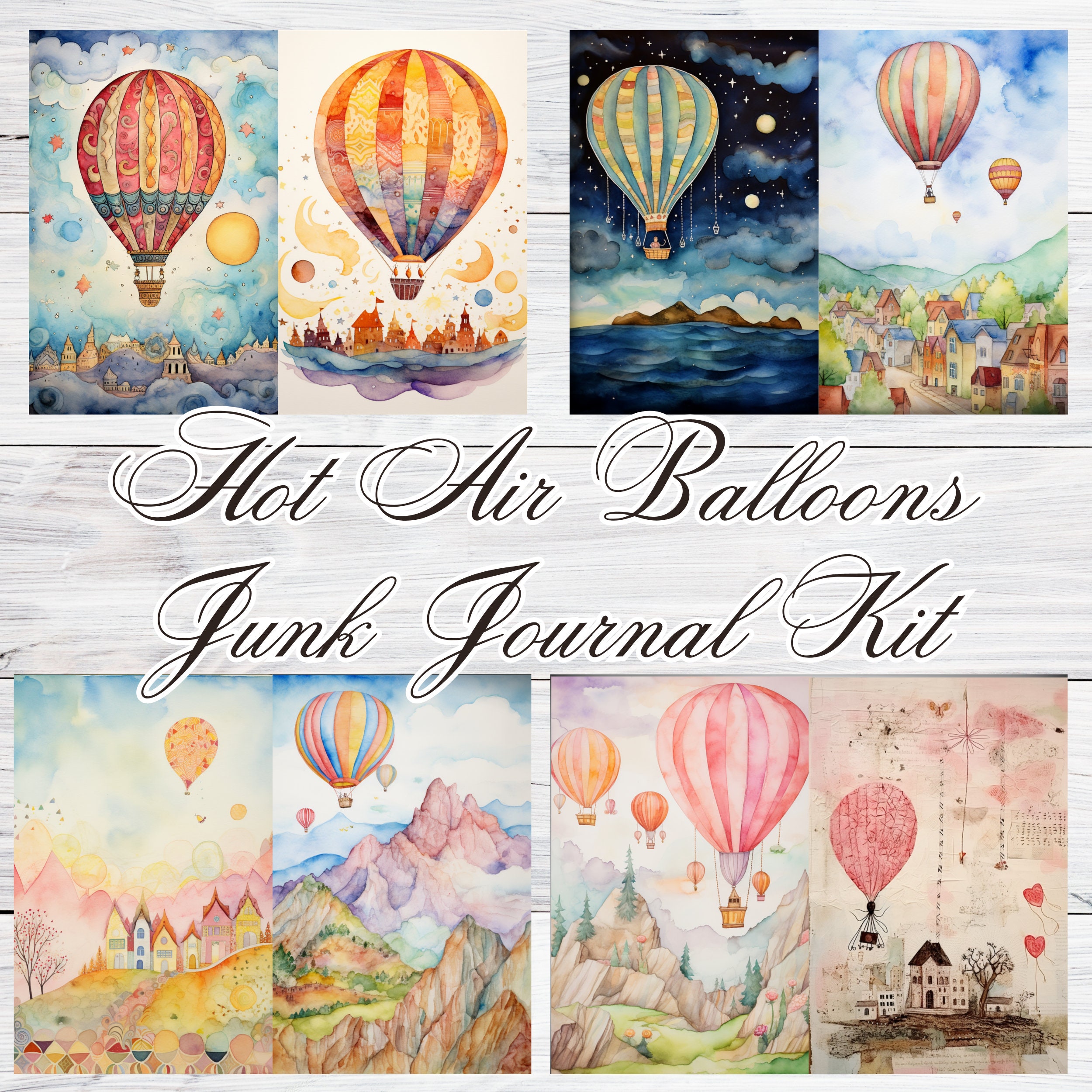 Junk Journal Kit Hot Air Balloons Colorful Watercolor Scrapbook ...