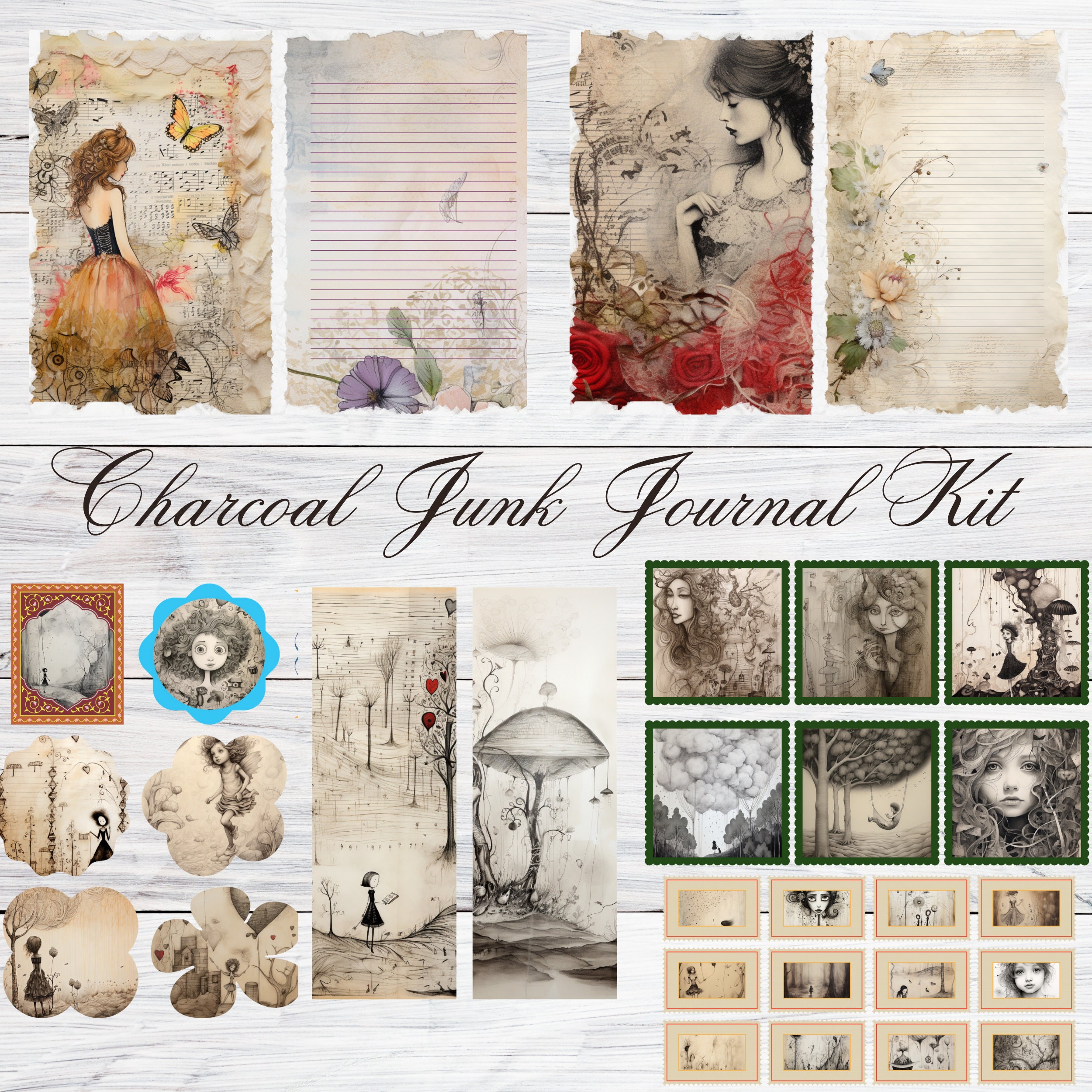 Charcoal Joy Junk Journal Kit Vintage Ephemera Junkjournal Kits Junkjournaling Junkjournals Idea ...