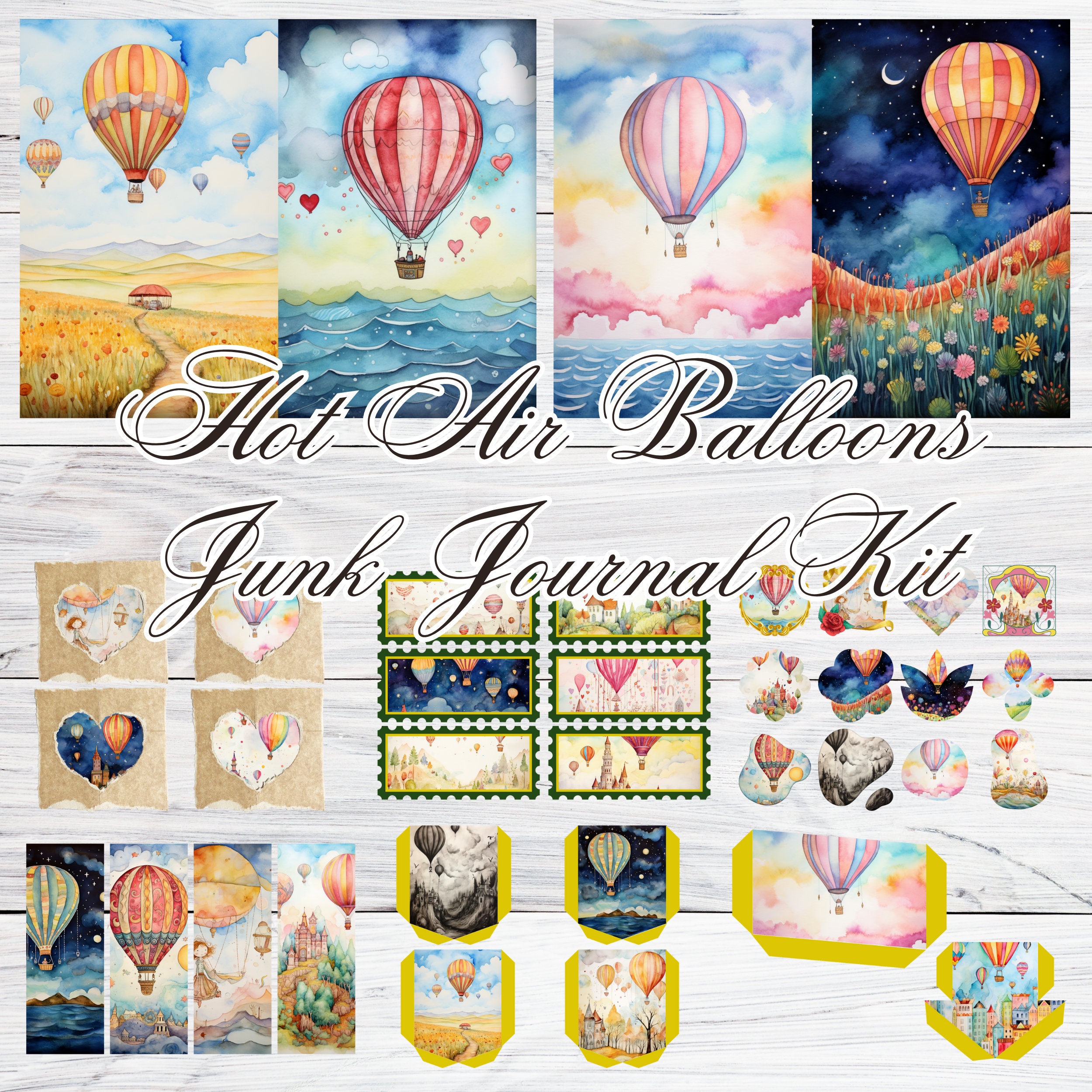 Junk Journal Kit Hot Air Balloons Colorful Watercolor Scrapbook ...