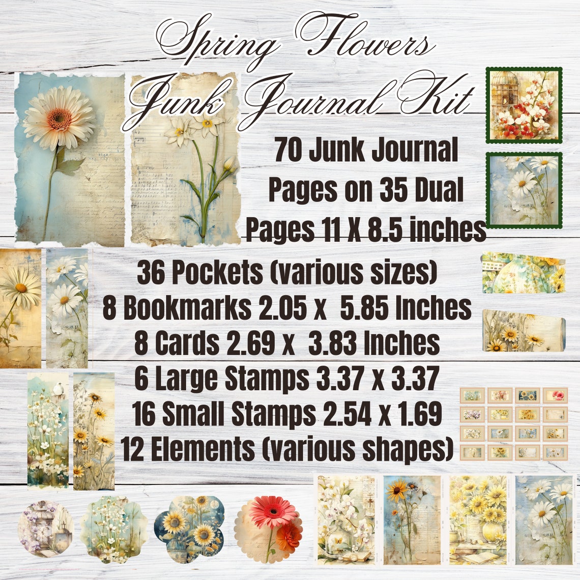 Flower Junk Journal Scrapbook Kit Vintage Printable Stickers Journaling ...