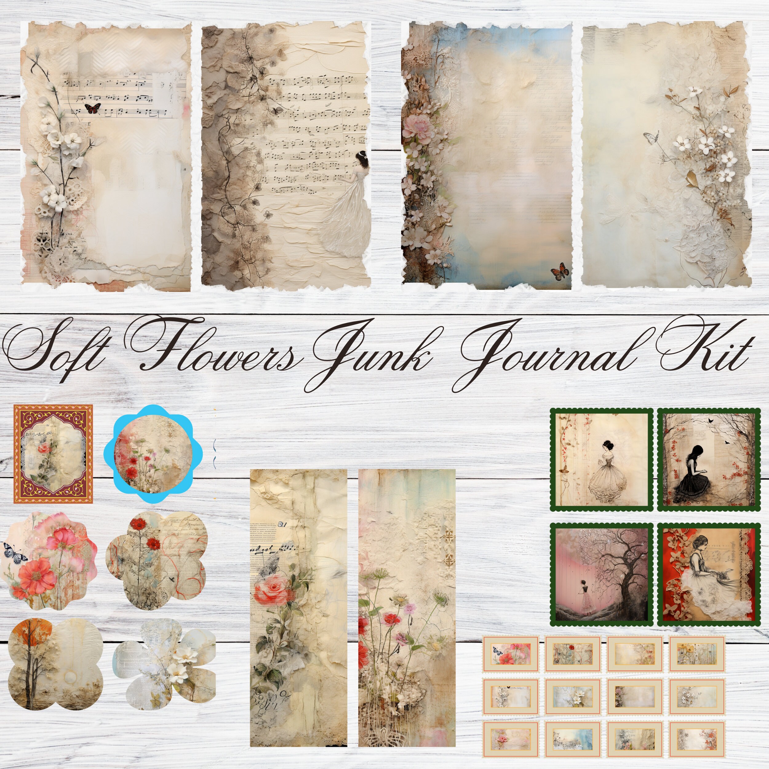 DIY Junkjournaling Kit Soft Flowers Folio, Junk Journal Paperpack ...