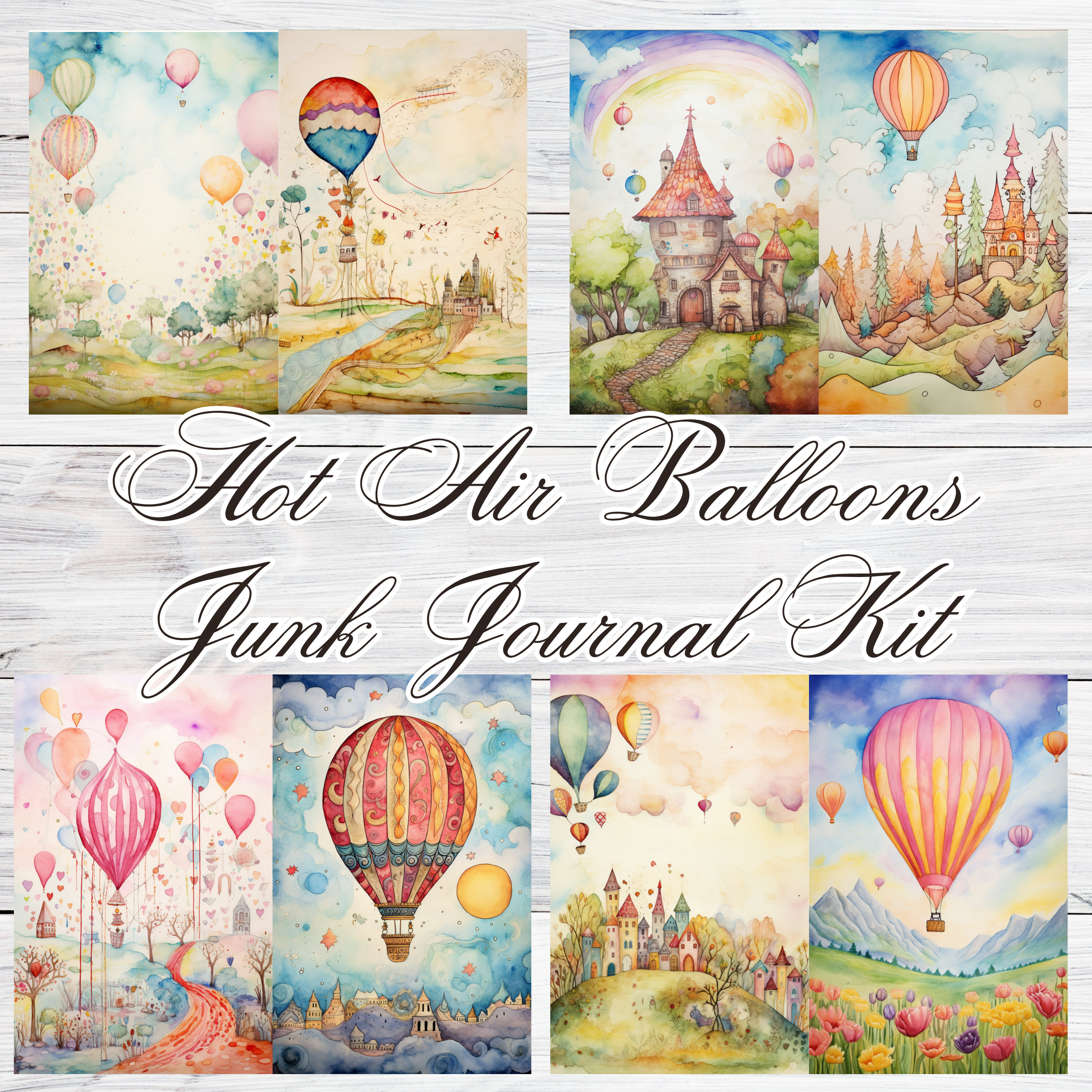 Junk Journal Kit Hot Air Balloons Colorful Watercolor Scrapbook ...