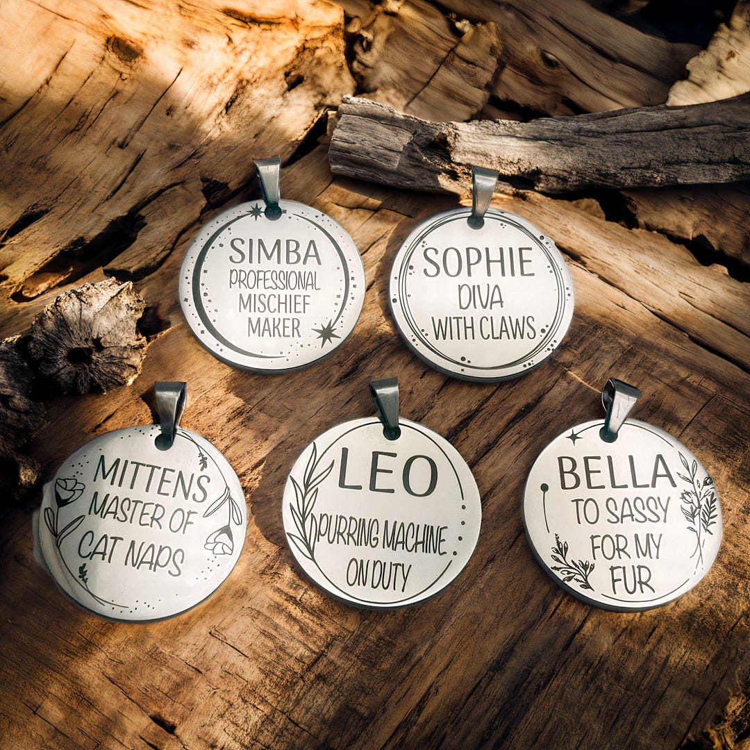 Personalized Funny Cat Metal Name Tag, Custom Laser Engraved Stainless ...
