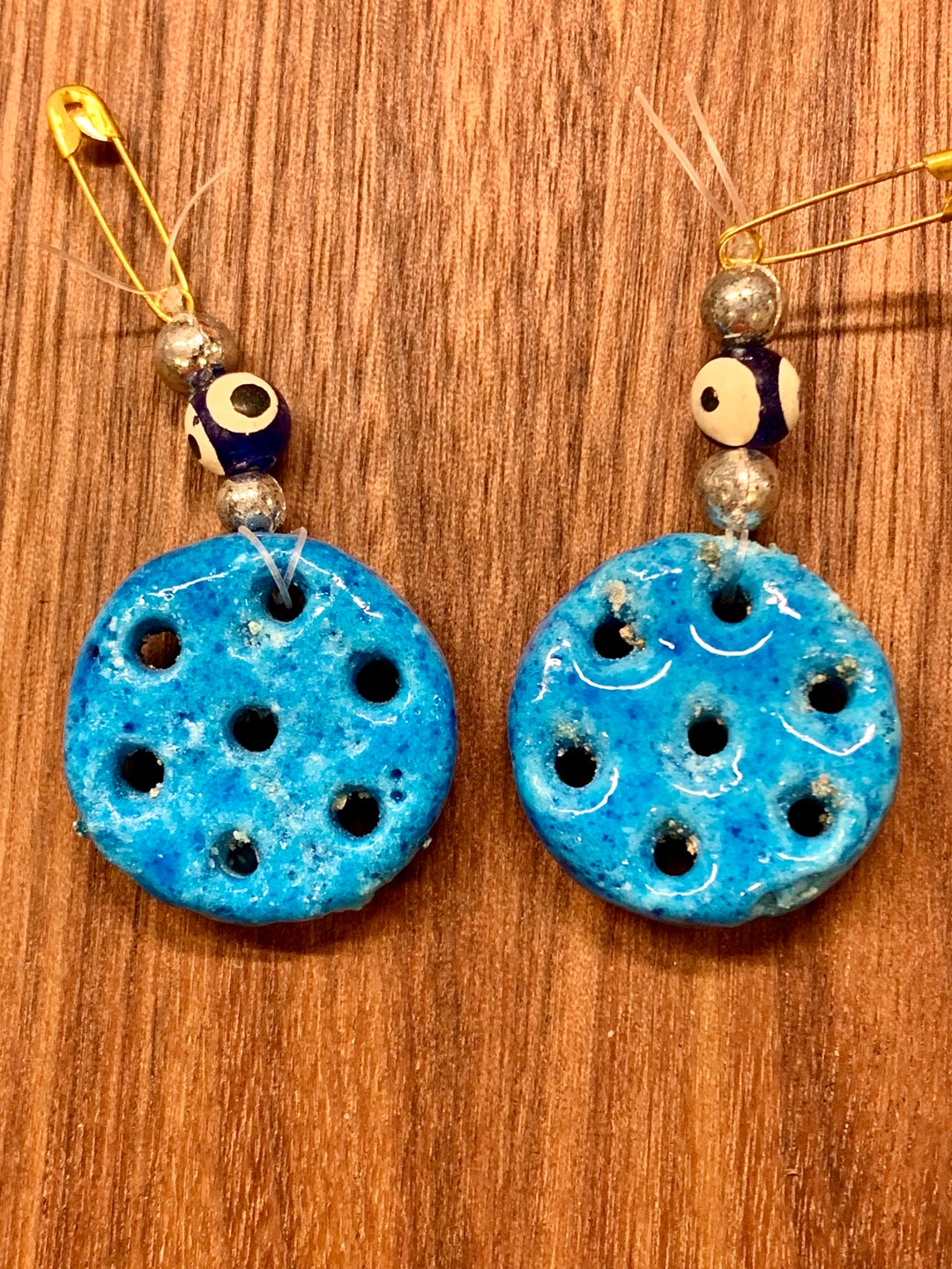 2 Blue Iraqi Seven Eyes Beads, Size ~ 45mm X 26mm, Hole ~ 2.5mm, Rough ...