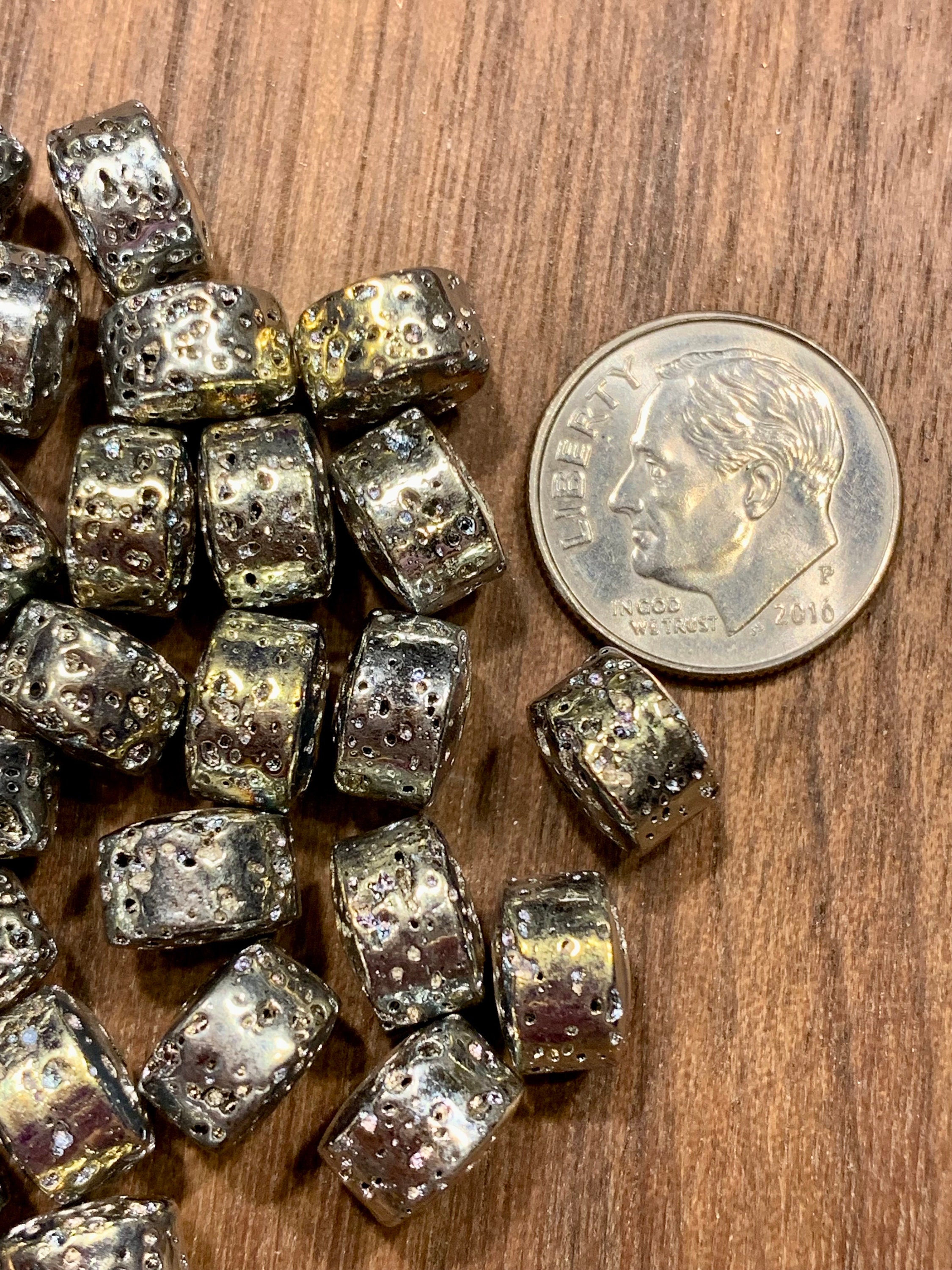 10 Electroplated Natural Lava Rock Stone Bead, Silver Gold, Size ~ 9mm ...