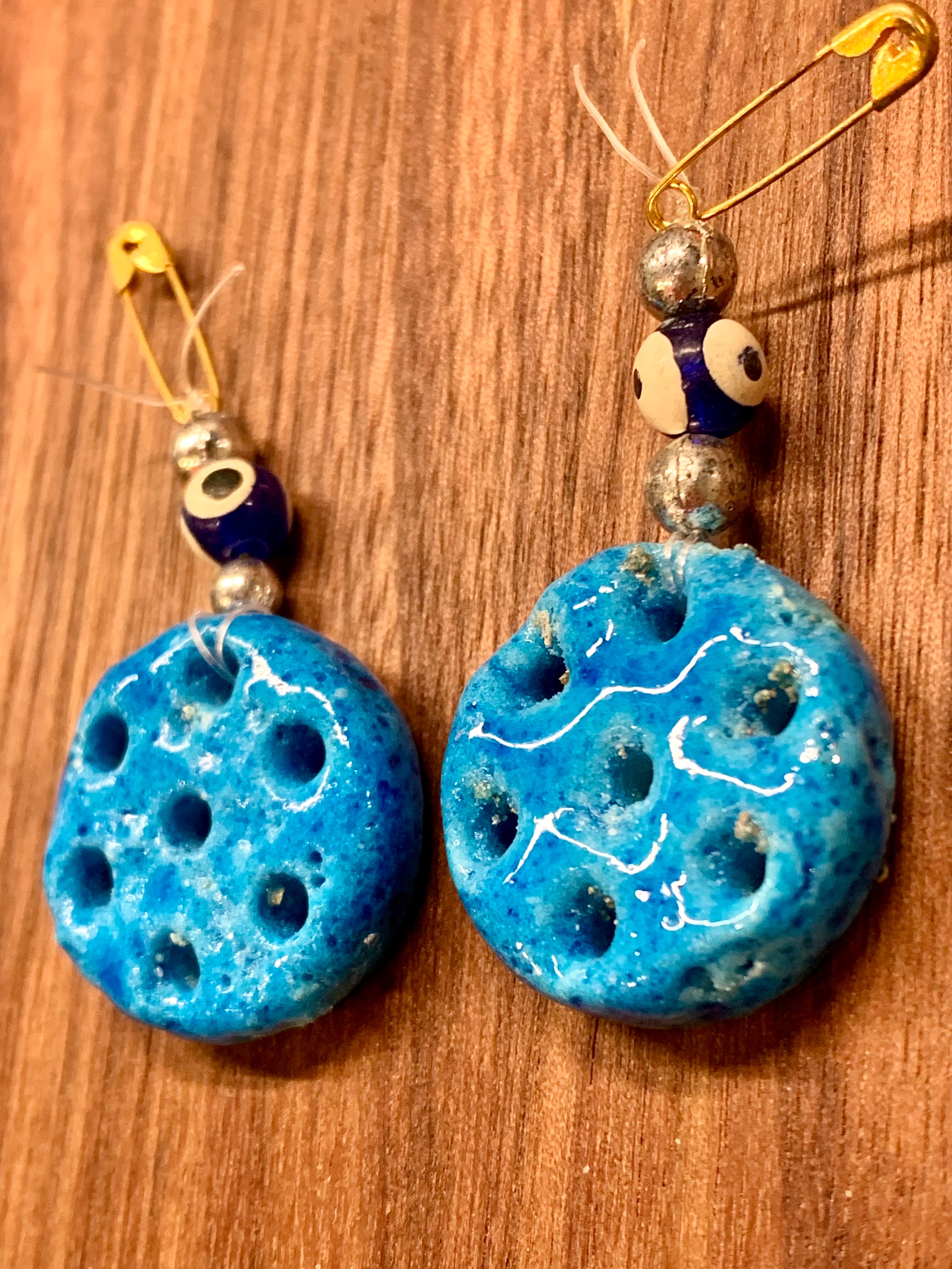 2 Blue Iraqi Seven Eyes Beads, Size 45mm X 26mm, Hole 2.5mm, Rough ...