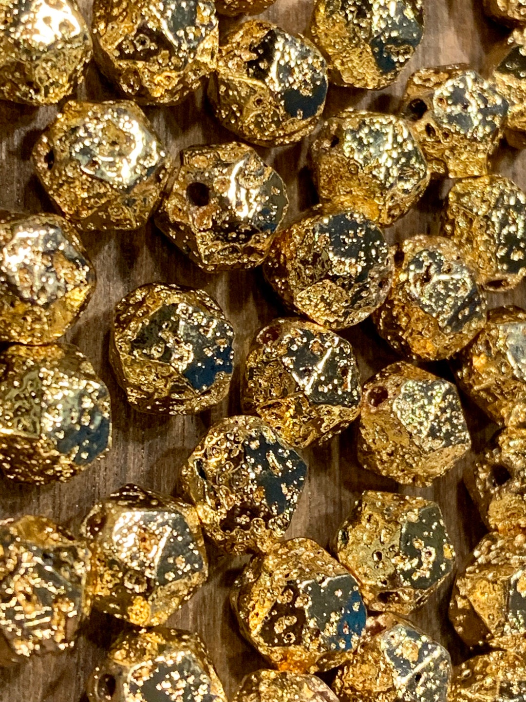 10 Electroplated Natural Lava Rock Gemstone Beads, Bright Gold, Size ~7 ...