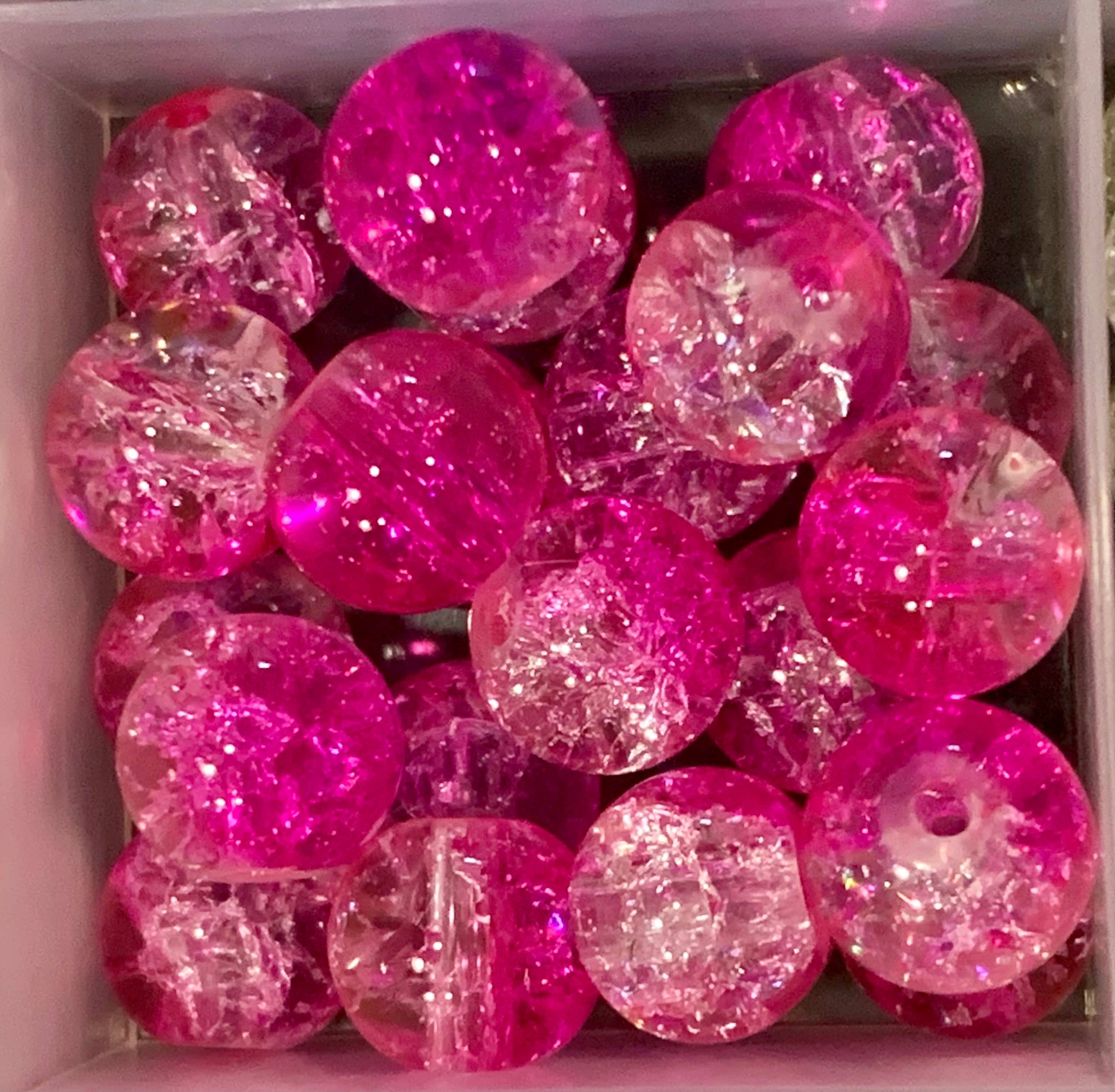 10 Hot Pink Crackle Glass Beads, Round, Transparent, Size ~ 4-8mm, Hole ...