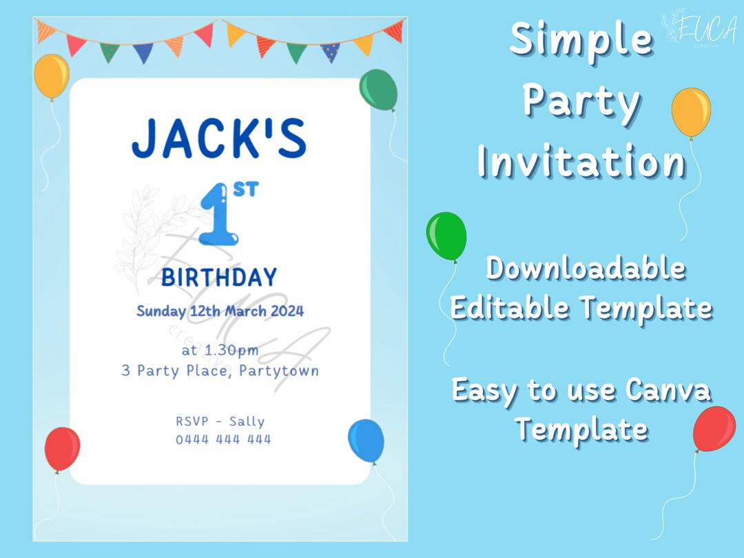 Simple Party Invitation Bright Balloons & Bunting Canva Template - Etsy
