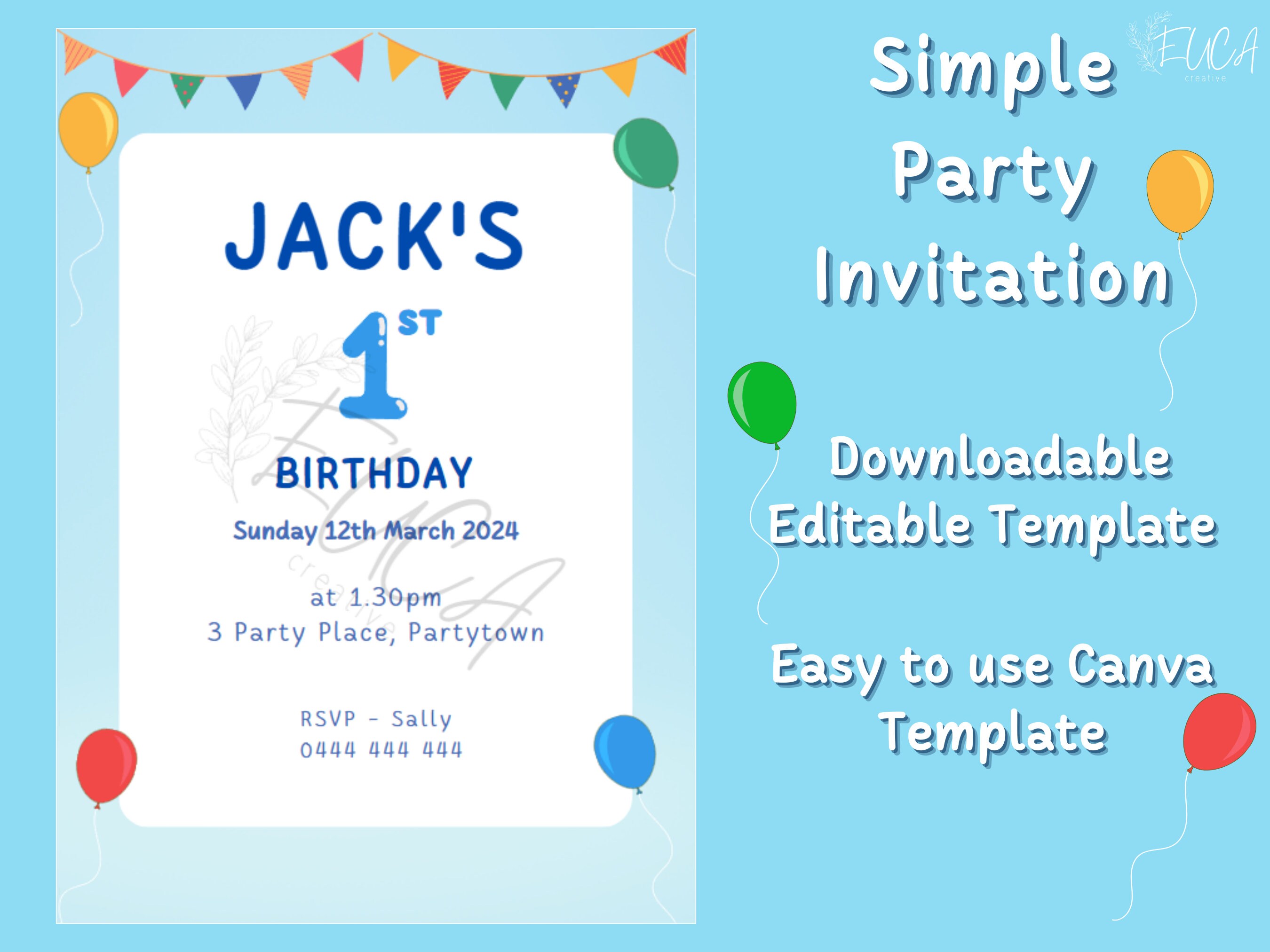 Simple Party Invitation Bright Balloons & Bunting Canva Template - Etsy