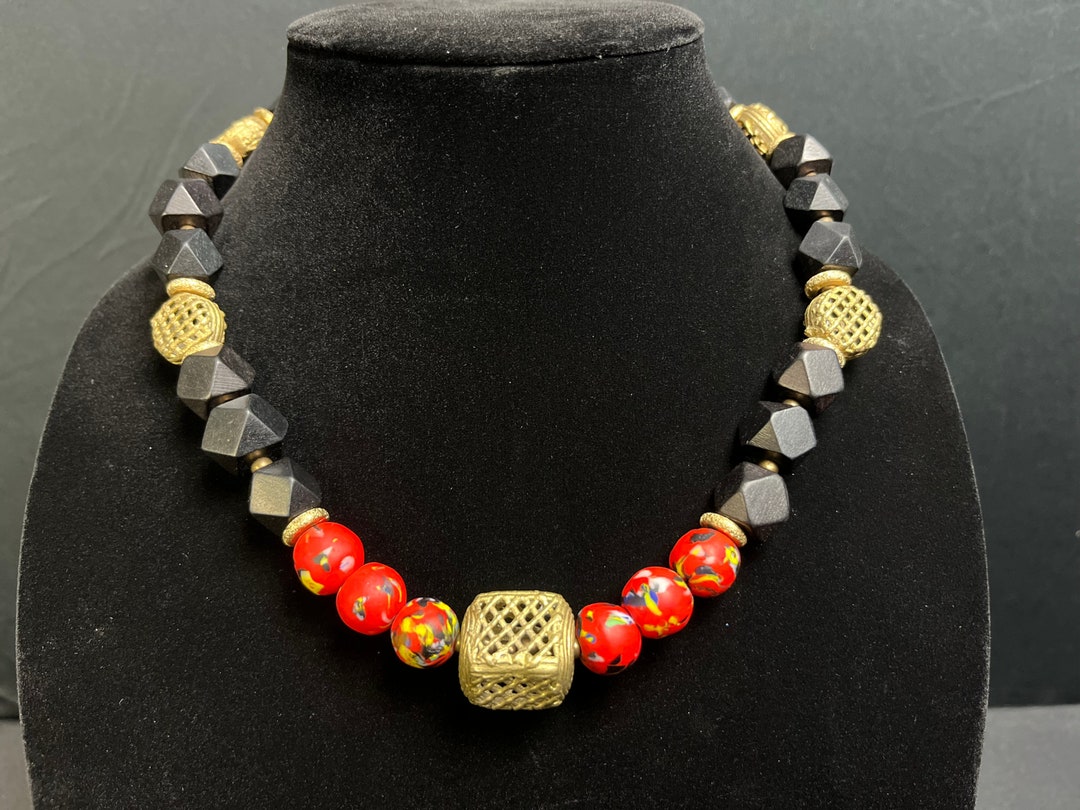 Modern Maasai Tribe Themed Necklace, African Glass, Brass and Wood - Etsy