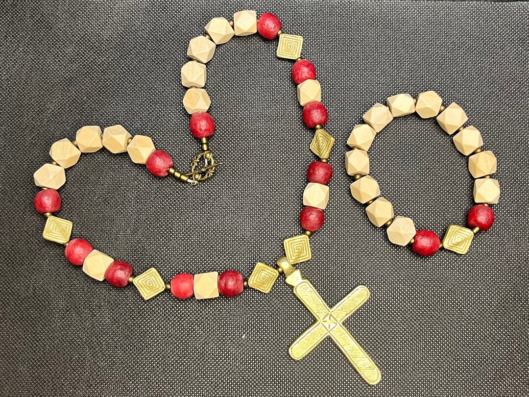 Coptic Cross Rosary Beads Necklace and Bracelet Set, African Cherry Red ...