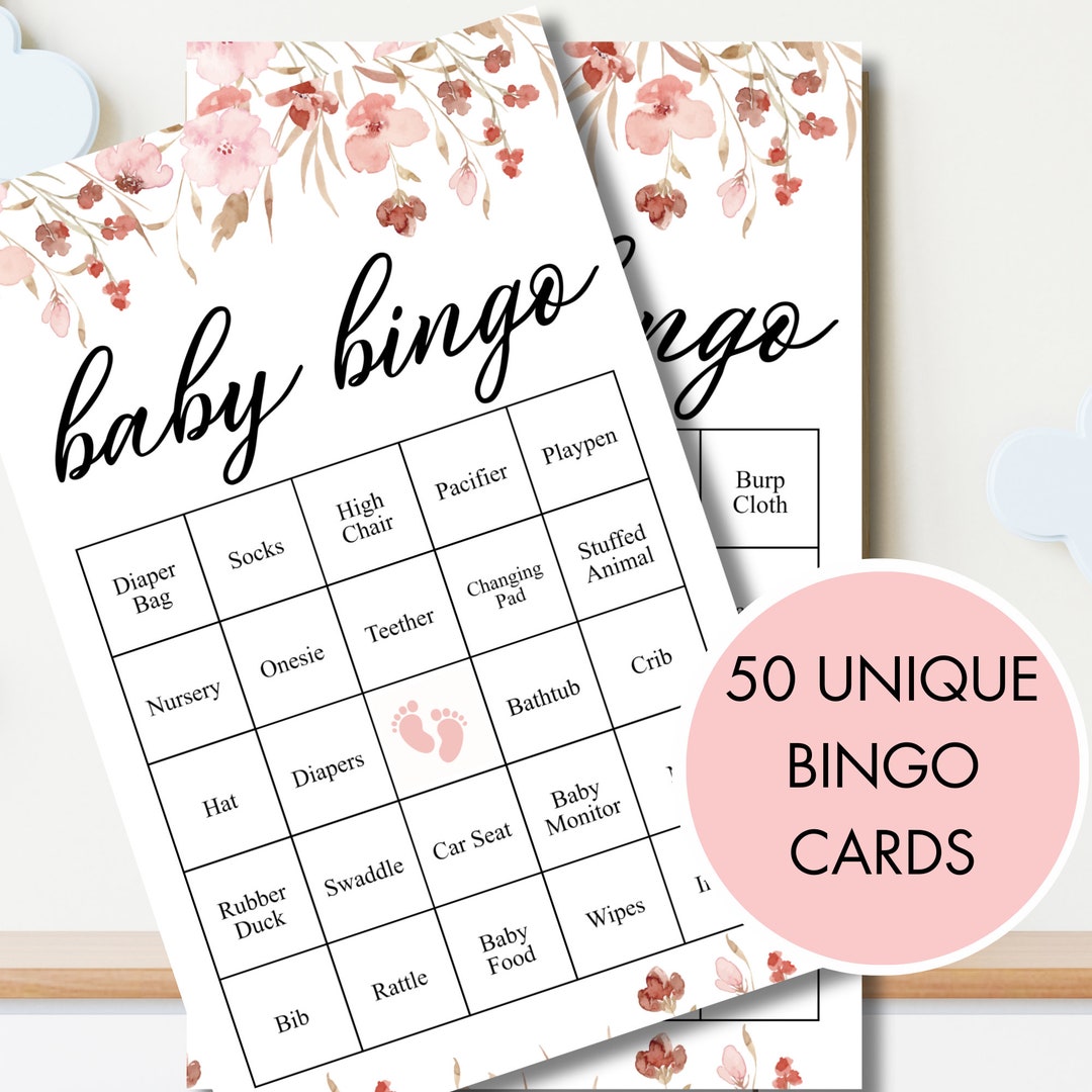 50 Baby Shower Bingo Cards, Floral Bingo, Baby Shower Games Printable ...