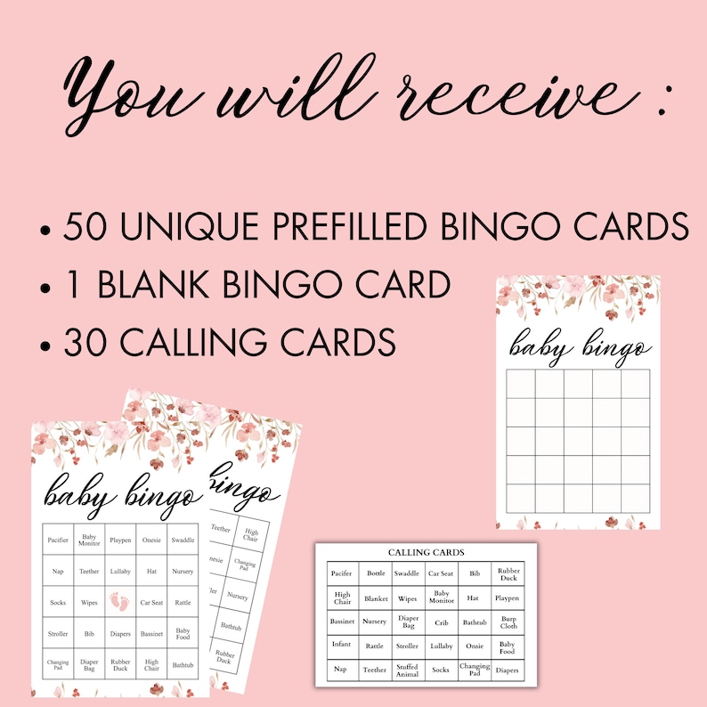 50 Baby Shower Bingo Cards, Floral Bingo, Baby Shower Games Printable ...