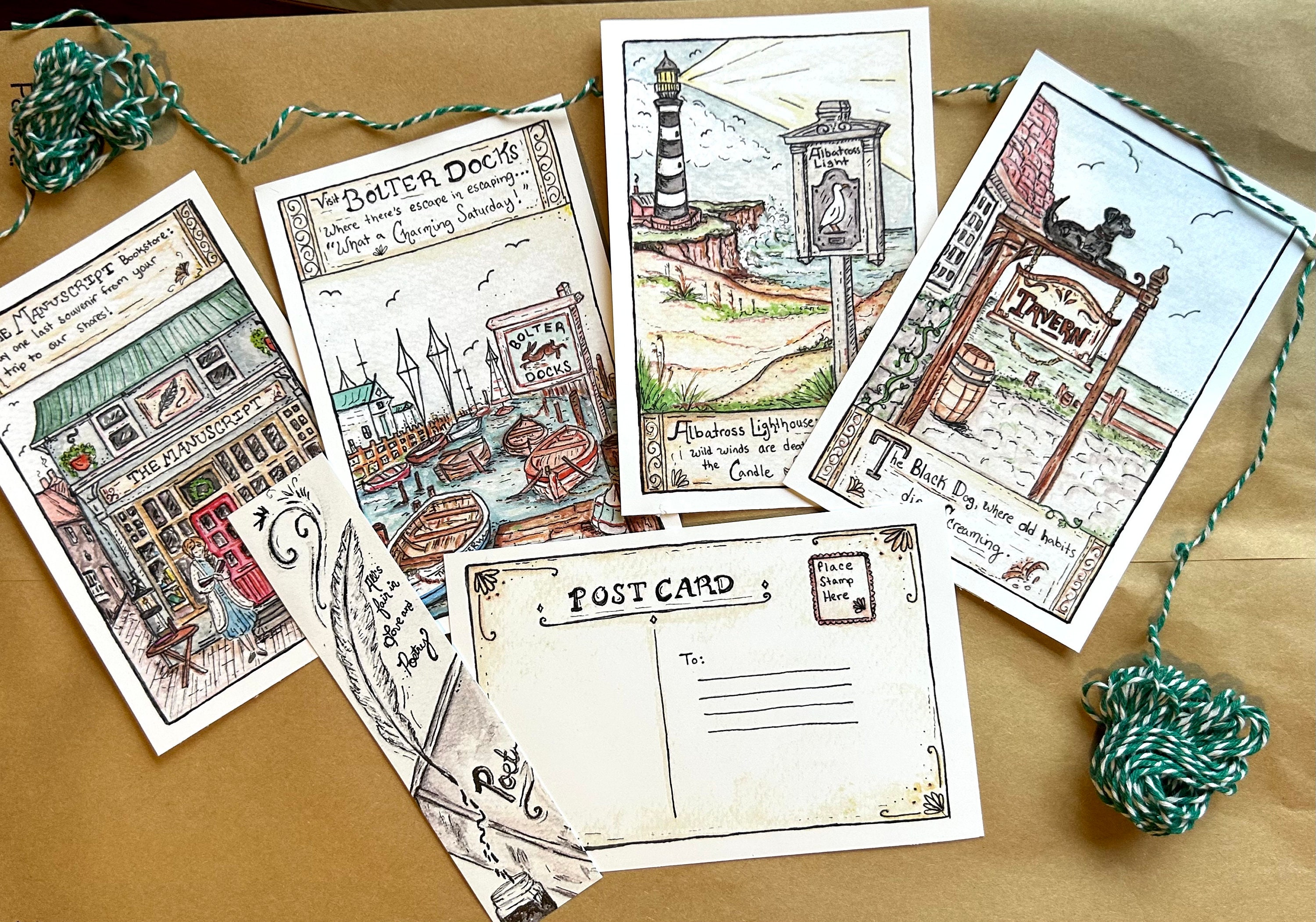 Poetic Coastal Town Watercolor Illustration Prints Postcards—set of 4 ...