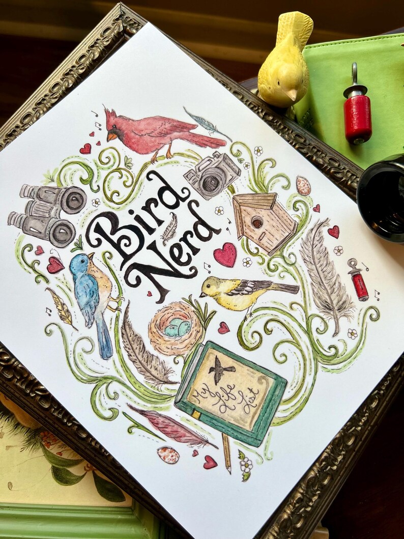 Bird Nerd Birdwatcher Themed Watercolor and Ink Print 8x10 Unframed - Etsy