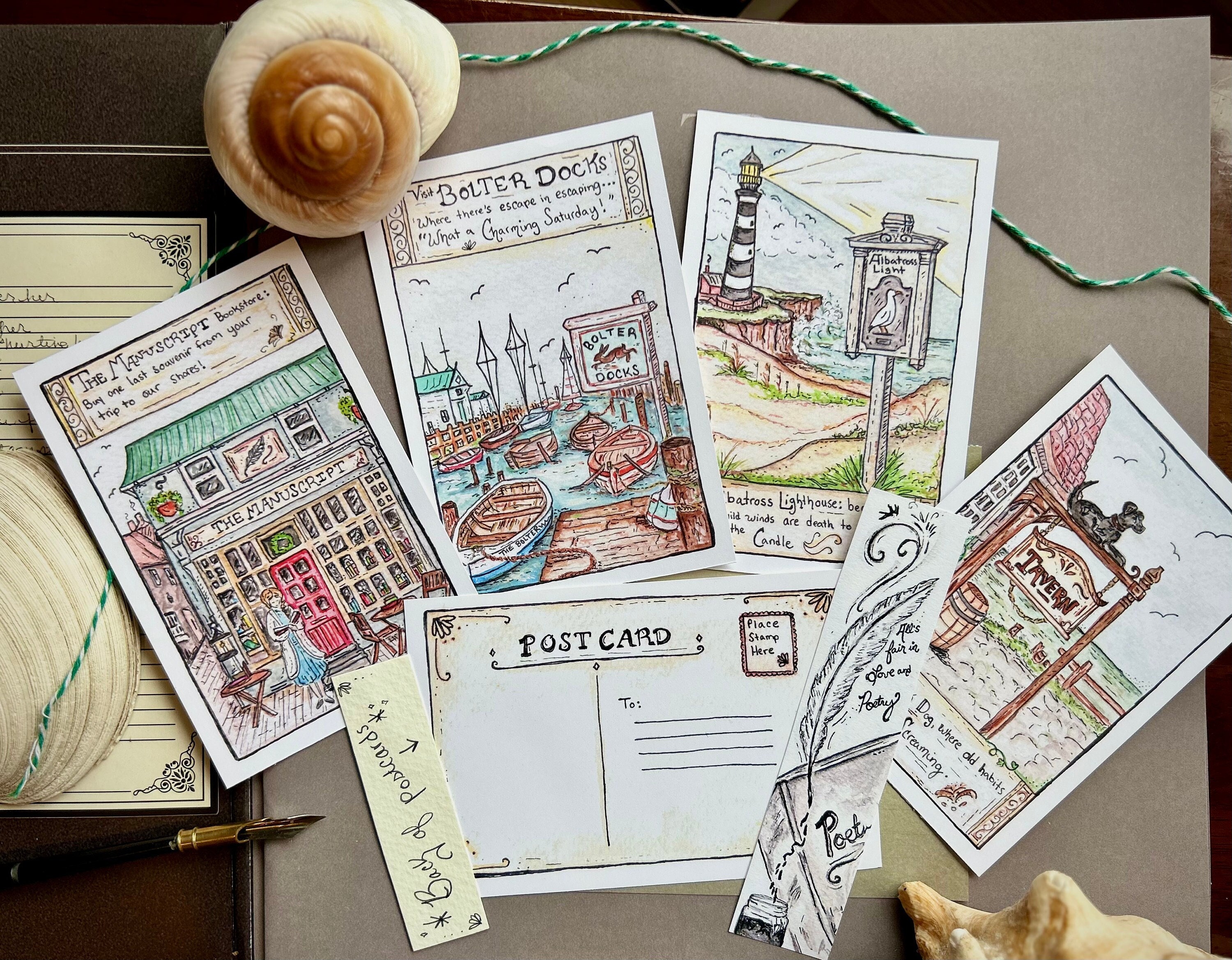 Poetic Coastal Town Watercolor Illustration Prints Postcards—set of 4 ...
