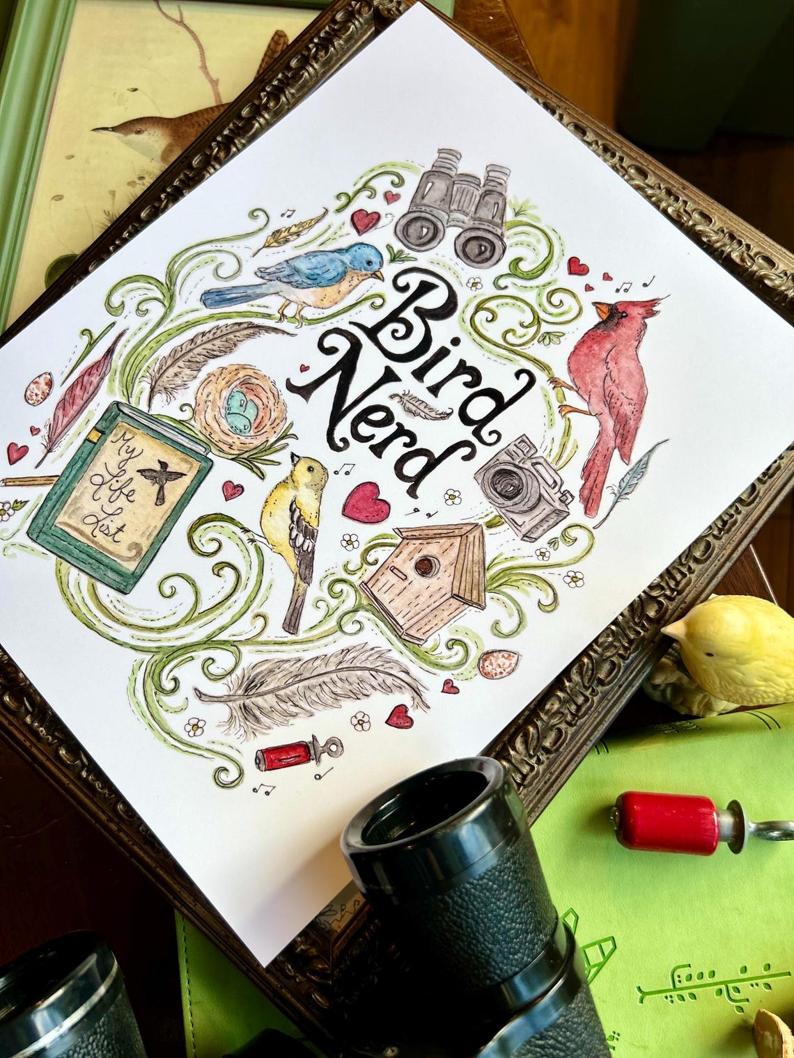 Bird Nerd Birdwatcher Themed Watercolor and Ink Print 8x10 Unframed - Etsy