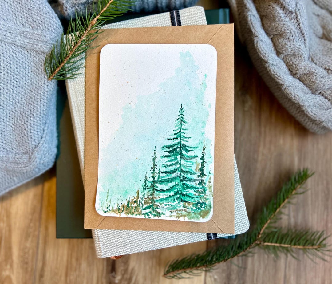 Evergreen Landscape—simple Watercolor Hand-painted Postcard/painting - Etsy