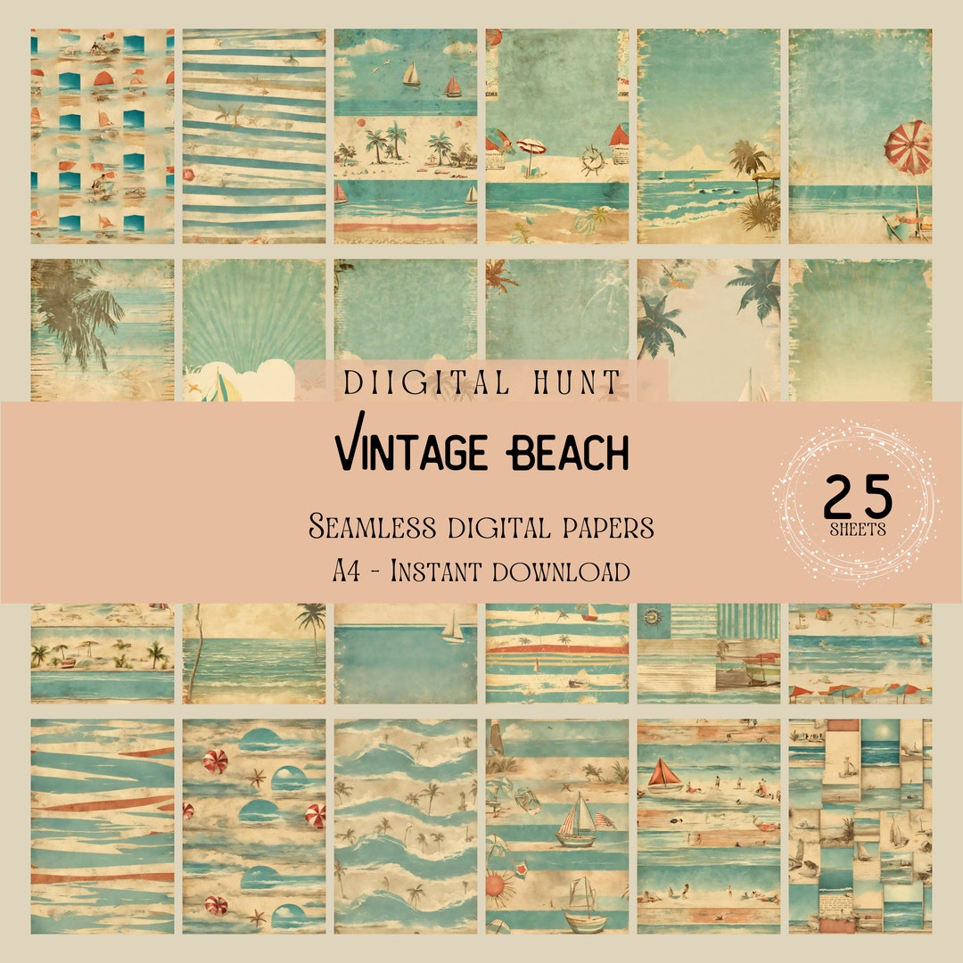 Vintage Beach A4 Size Beach Theme Digital Paper Seamless Pattern ...