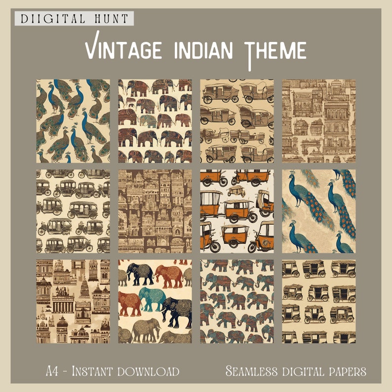 Vintage India Themed A4 Size Seamless Pattern Vintage Scrapbook Digital ...