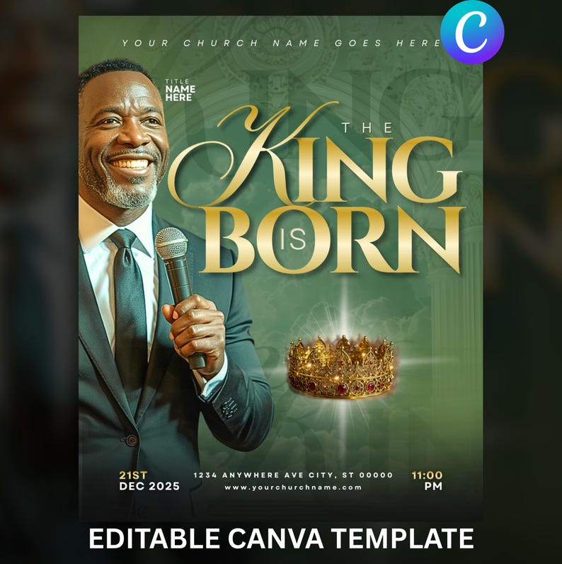 Christmas Church Flyer | Editable in Canva | the King is Born | Holiday ...