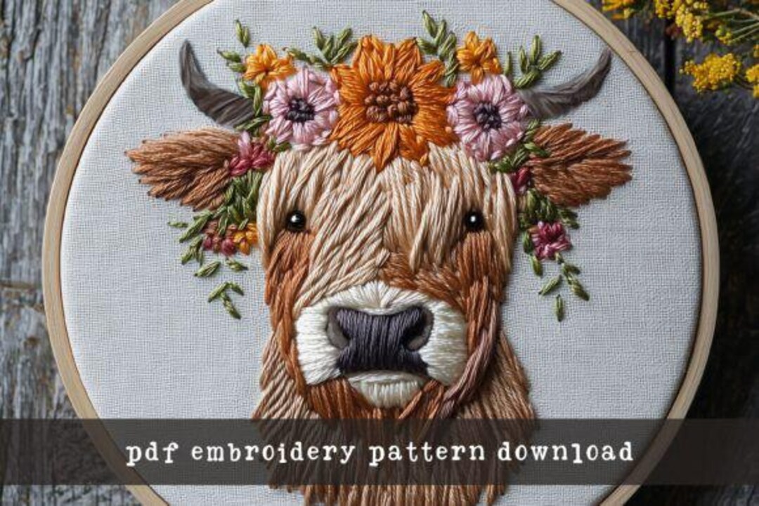 Floral Highland Cow Hand Embroidery Pattern Download PDF - Etsy