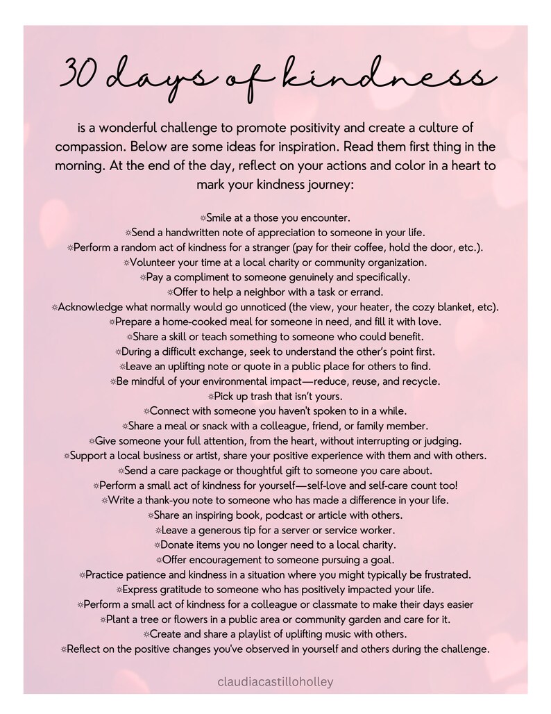 30 Days of Kindness Chart and Inspirational Guide - Etsy