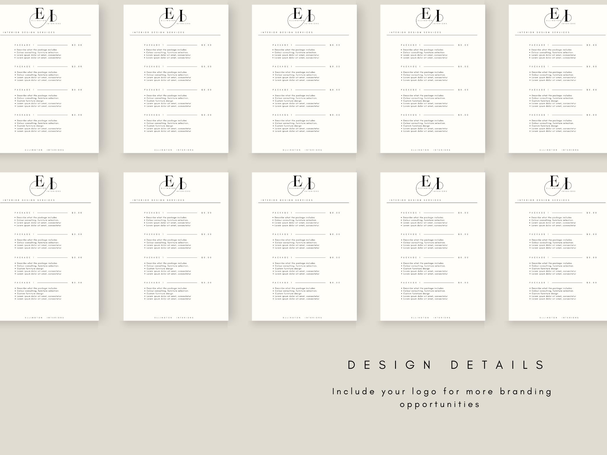 Interior Design Price List Template Small Business Pricing Sheet Design ...