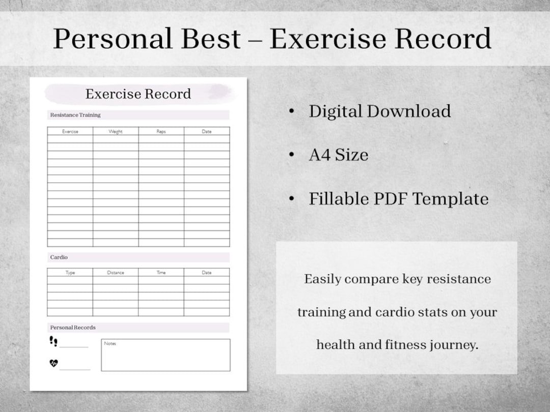 Exercise Record Sheet Personal Best Tracker for Cardio, Weight Training ...