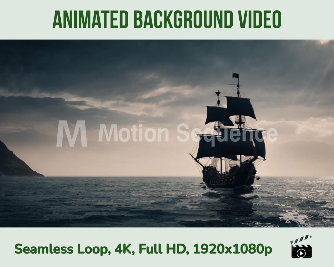 Animated Background, Dark Sailing Ship Sails Ocean Tropical Islands ...