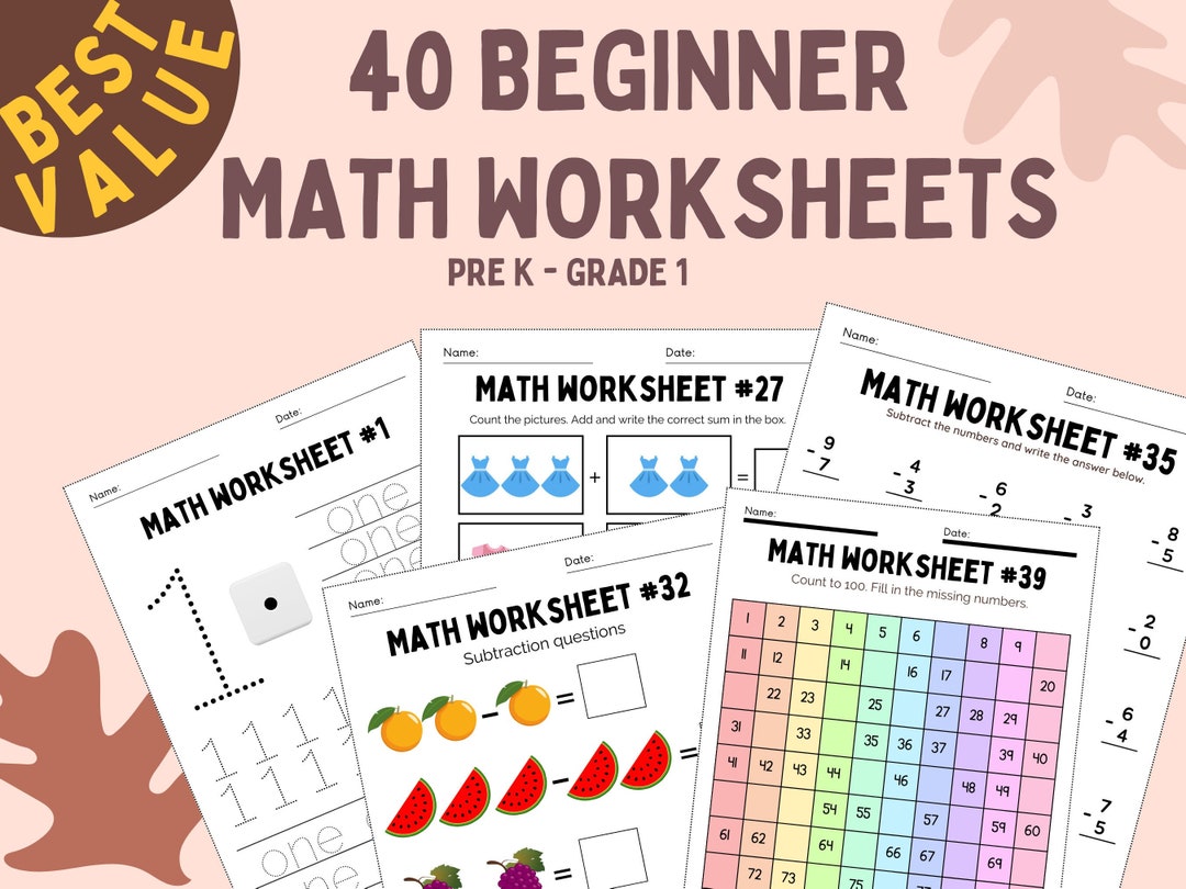 40 Beginner Math Worksheets Value Bundle | Pre K to Grade 1 | Counting ...