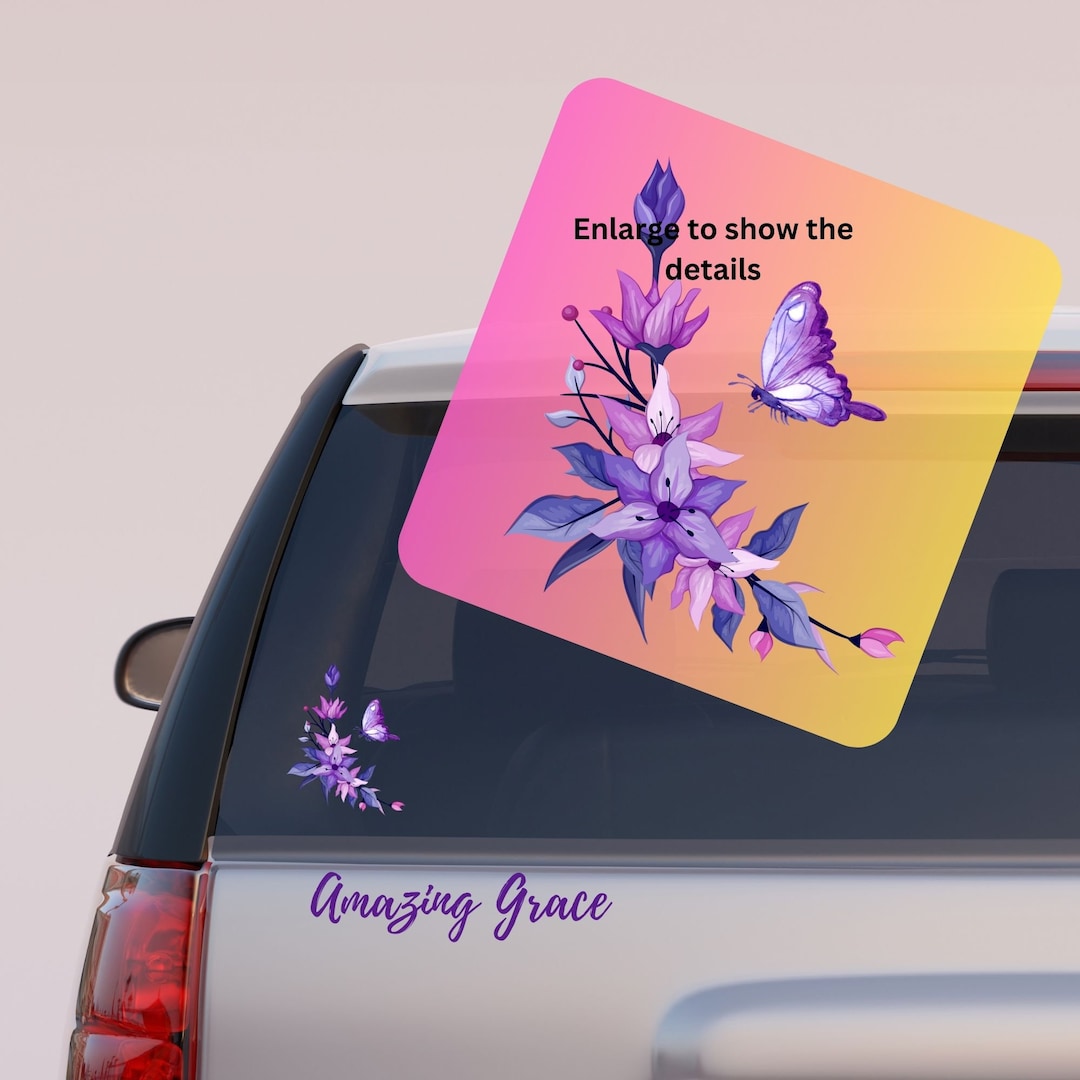 Purple Flower Bumper Sticker, Purple Flower With Butterfly, Amazing ...