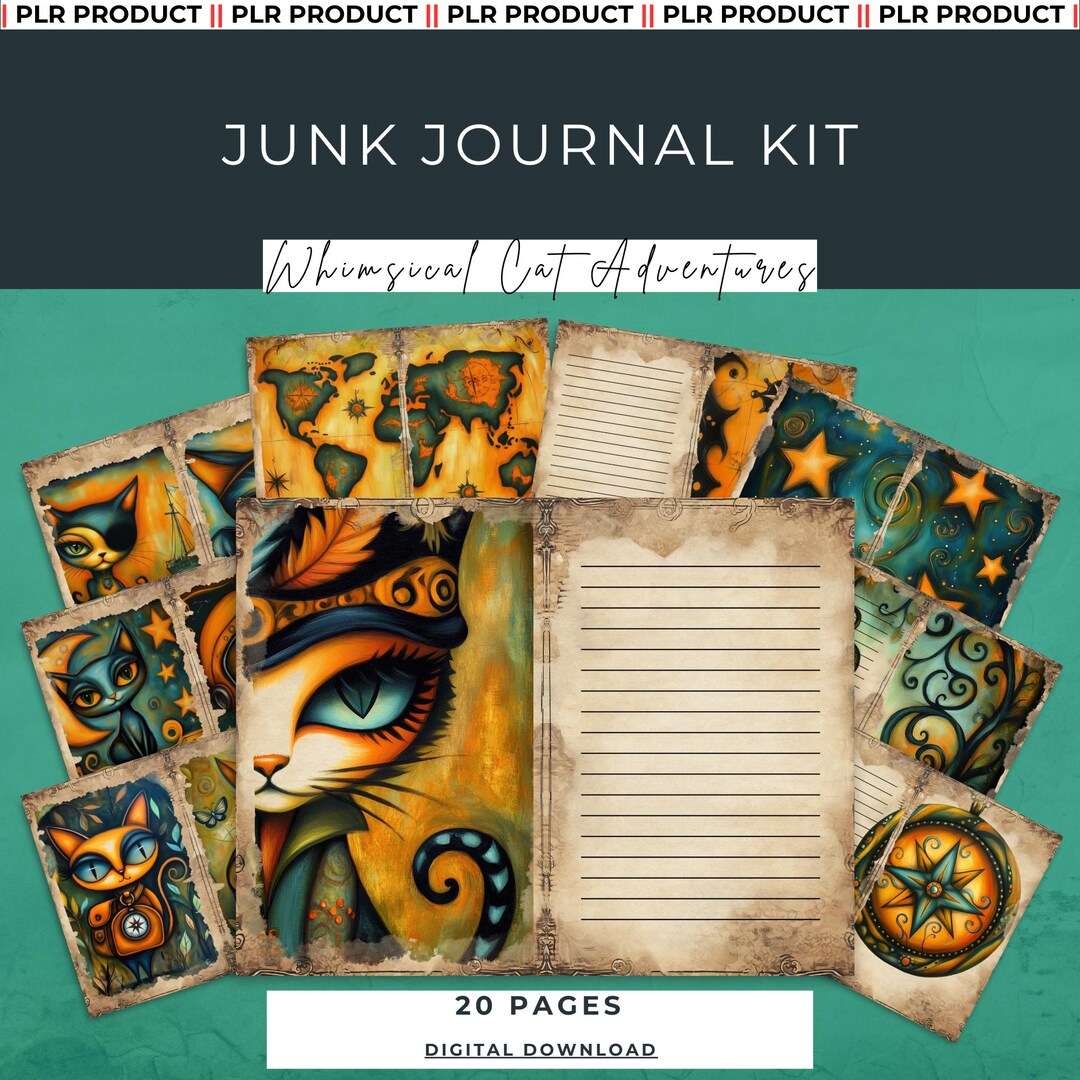 Whimsical Cat Adventures Junk Journal Kit - 20-page Printable Download ...