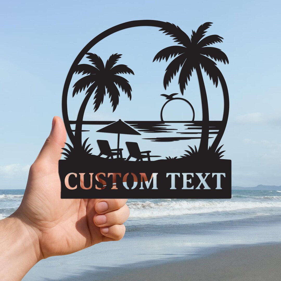 Custom Beach Palm Tree Sign, Personalized Beach House Name Sign, Metal ...