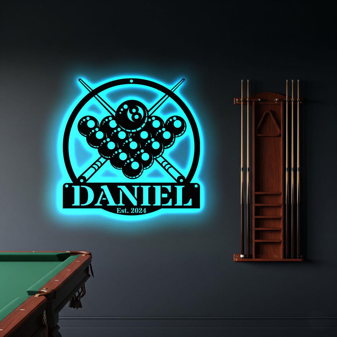 Personalized Billiards Metal Sign LED Light, Pool Table Wall Light ...