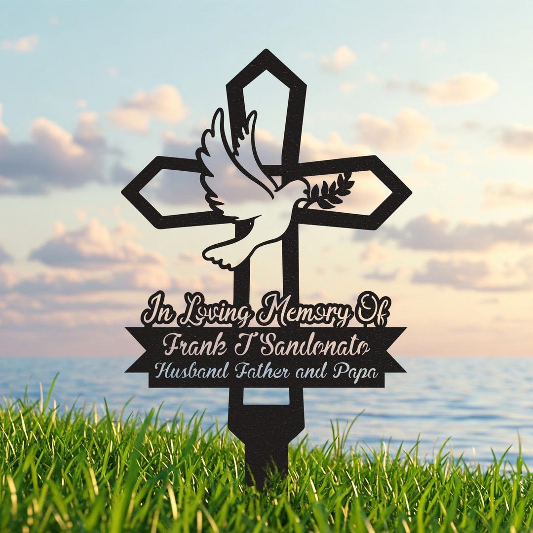 Custom Dove Heart Memorial Stake, Cross Stake Dad Memorial Plaque Gift ...