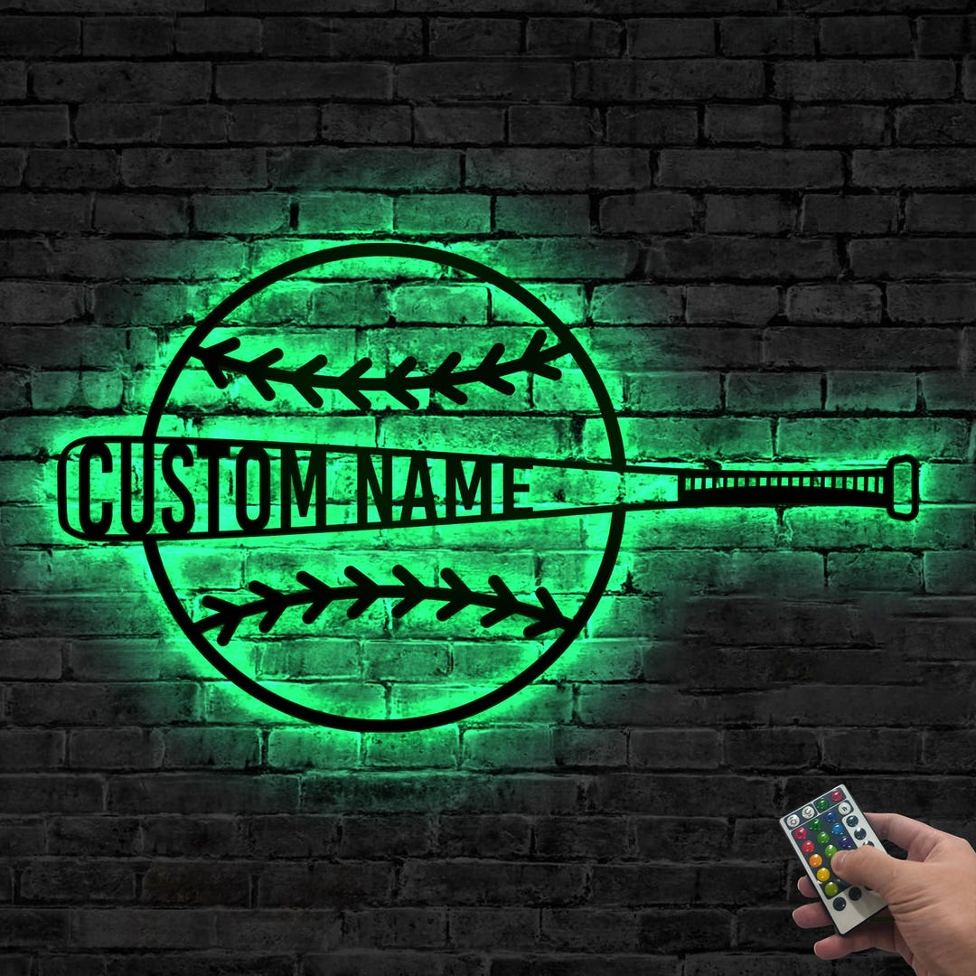Custom Baseball Bat Metal Sign With LED Lights, Baseball Name Sign ...